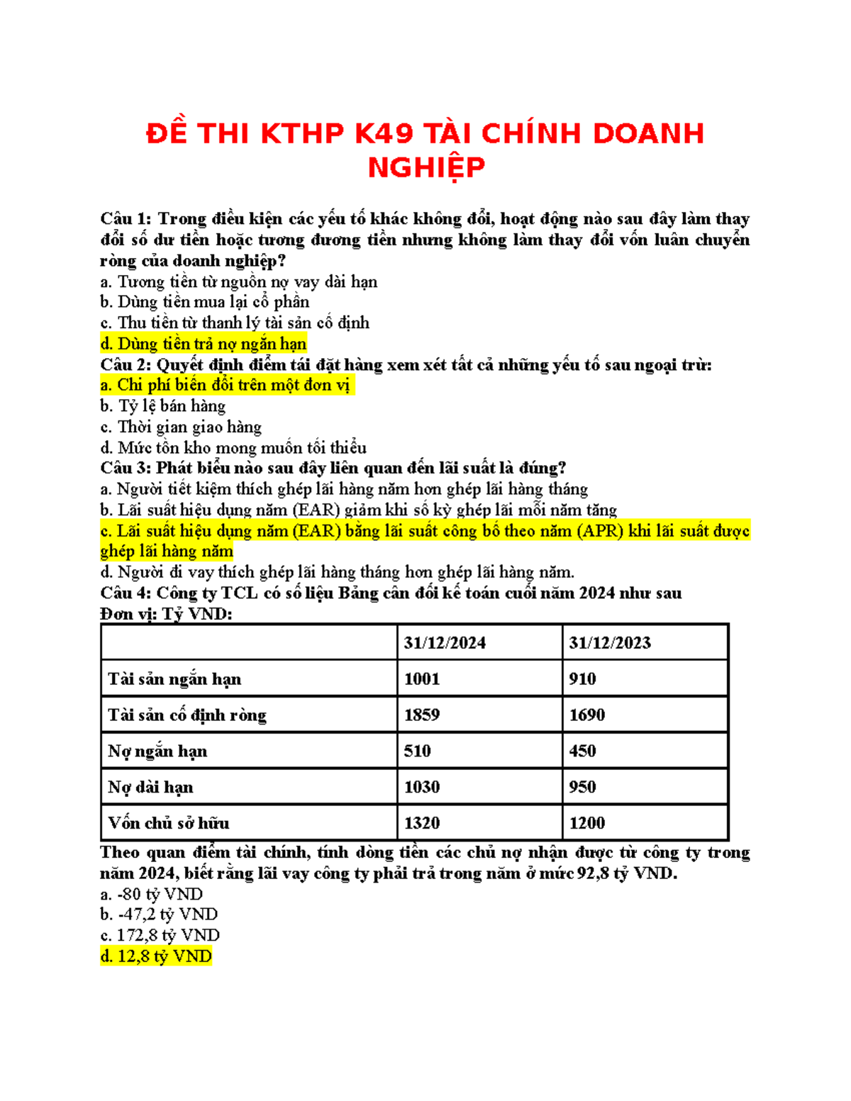 ĐỀ THI KTHP K49 TÀI CHÍNH DOANH NGHIỆP - Câu hỏi và Giải thích - Studocu