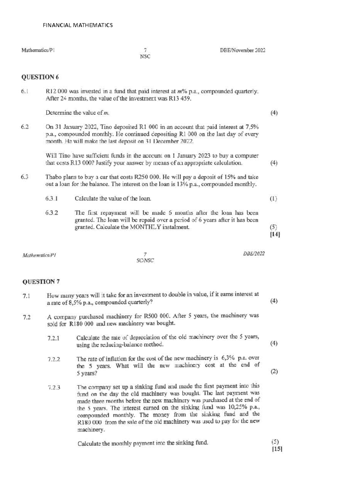 Financial mathematics 7 2022 NSC exam questions and solutions - Studocu