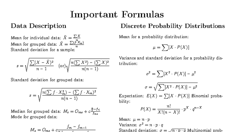 Formula Sheet 1: Discrete Probability Distributions and Key Concepts ...