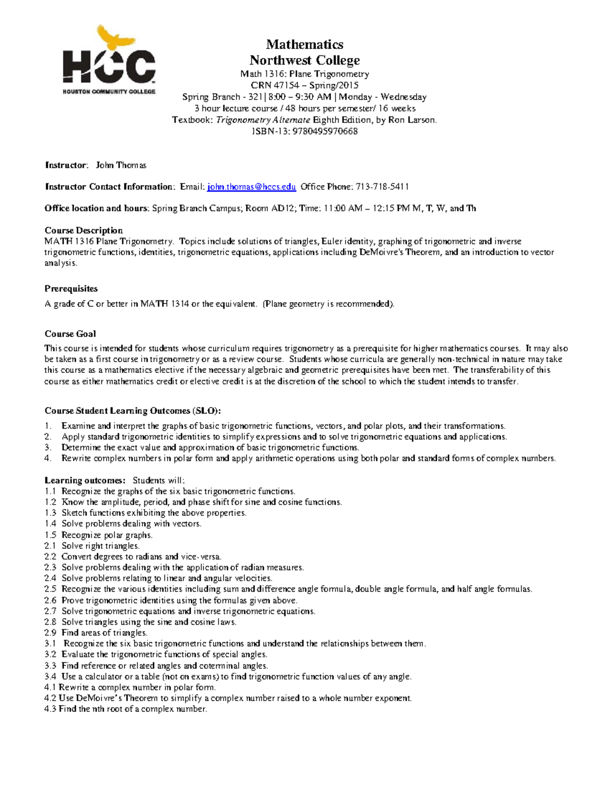Math 1316 Syllabus: Plane Trigonometry Spring 2015 - Studocu