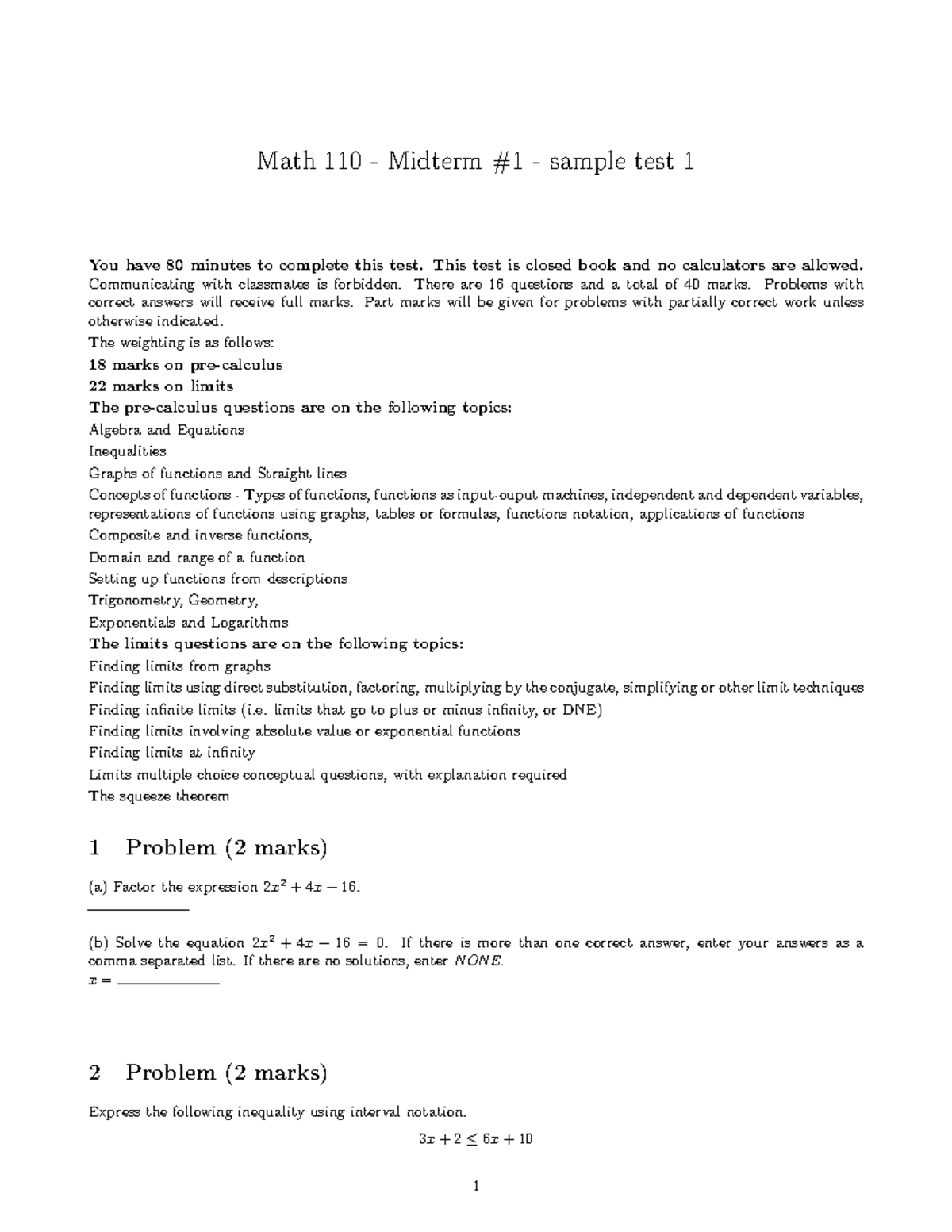 MATH 110 - Fall 2024 - Midterm 1 Sample Test Questions - Studocu