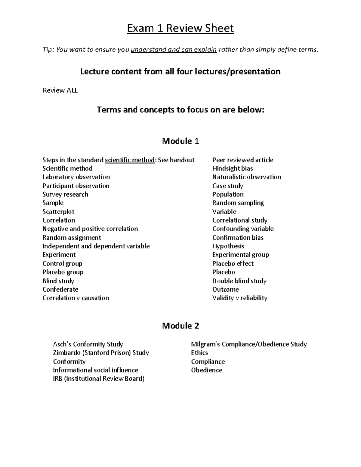 Psychology 101 Exam 1 Review Sheet: Key Concepts & Studies - Studocu