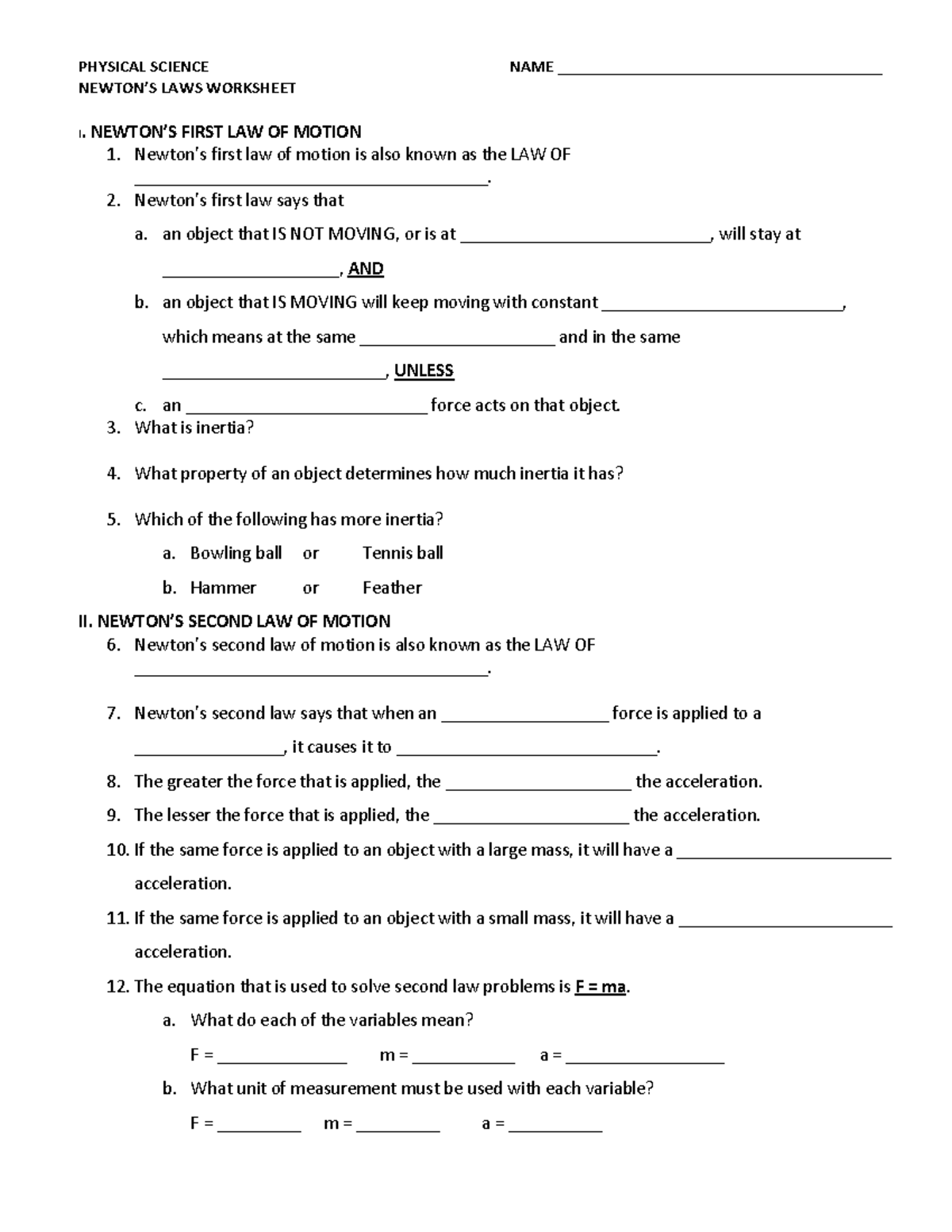 PHYSICAL SCIENCE: Newton's Laws Worksheet for Practice and Review - Studocu