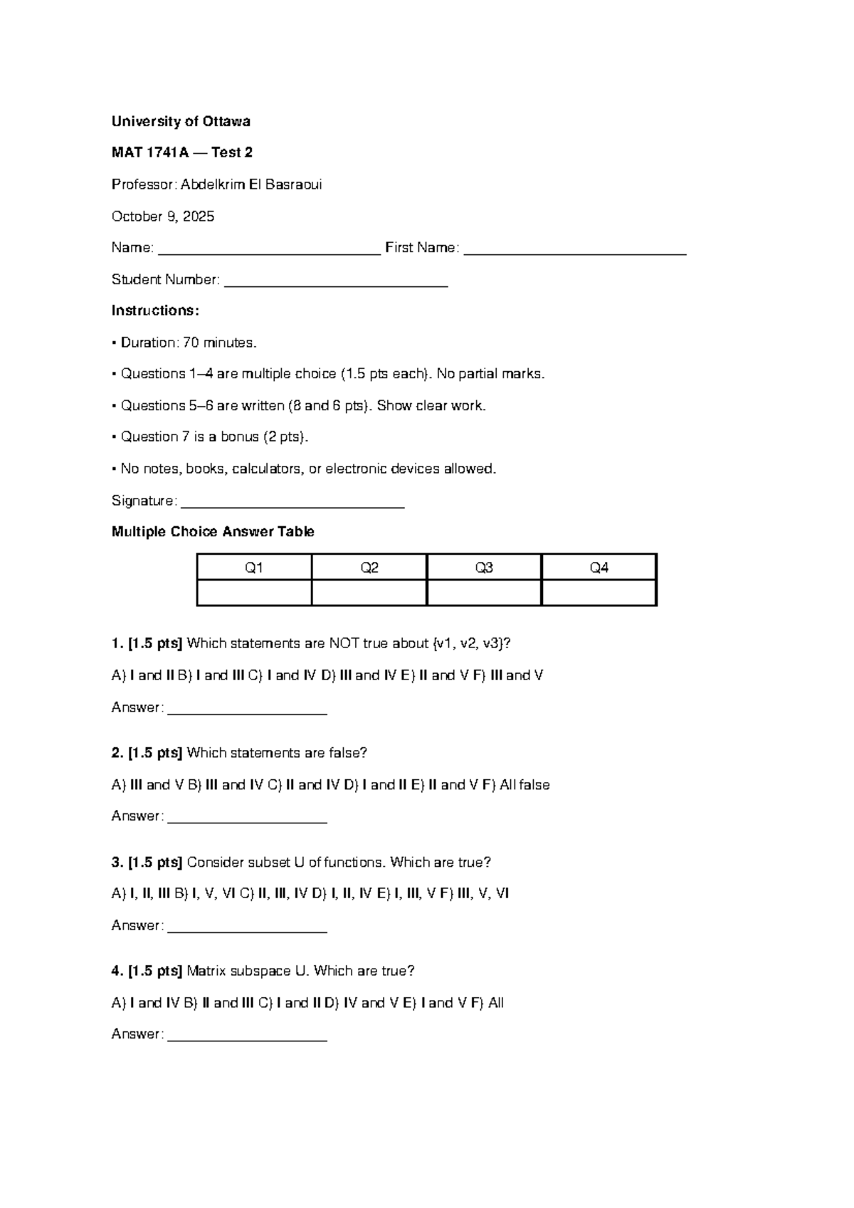 MAT 1741A Test 2 Study Guide - Prof. El Basraoui - Studocu