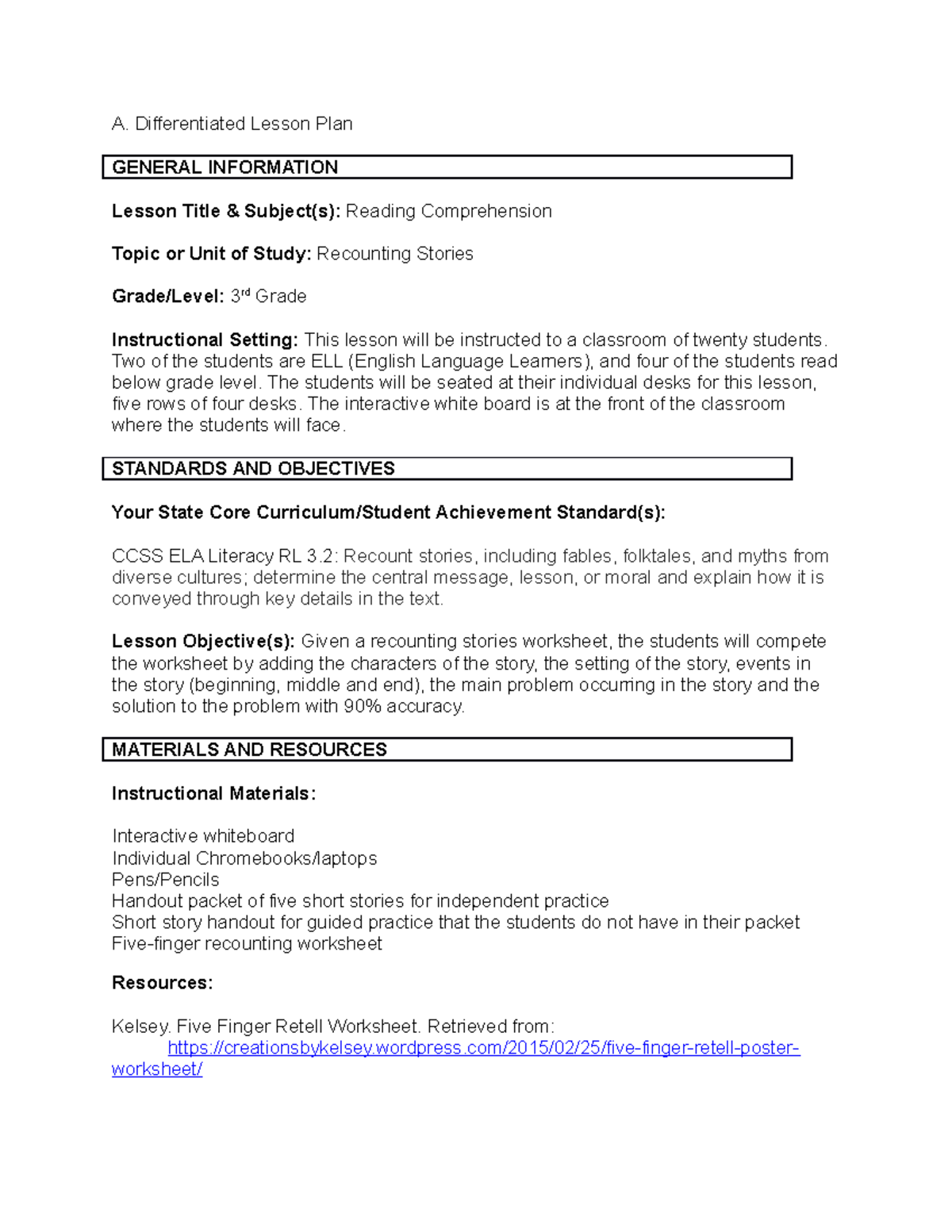 D187 Task 3: Differentiated Instruction for 3rd Grade Reading ...
