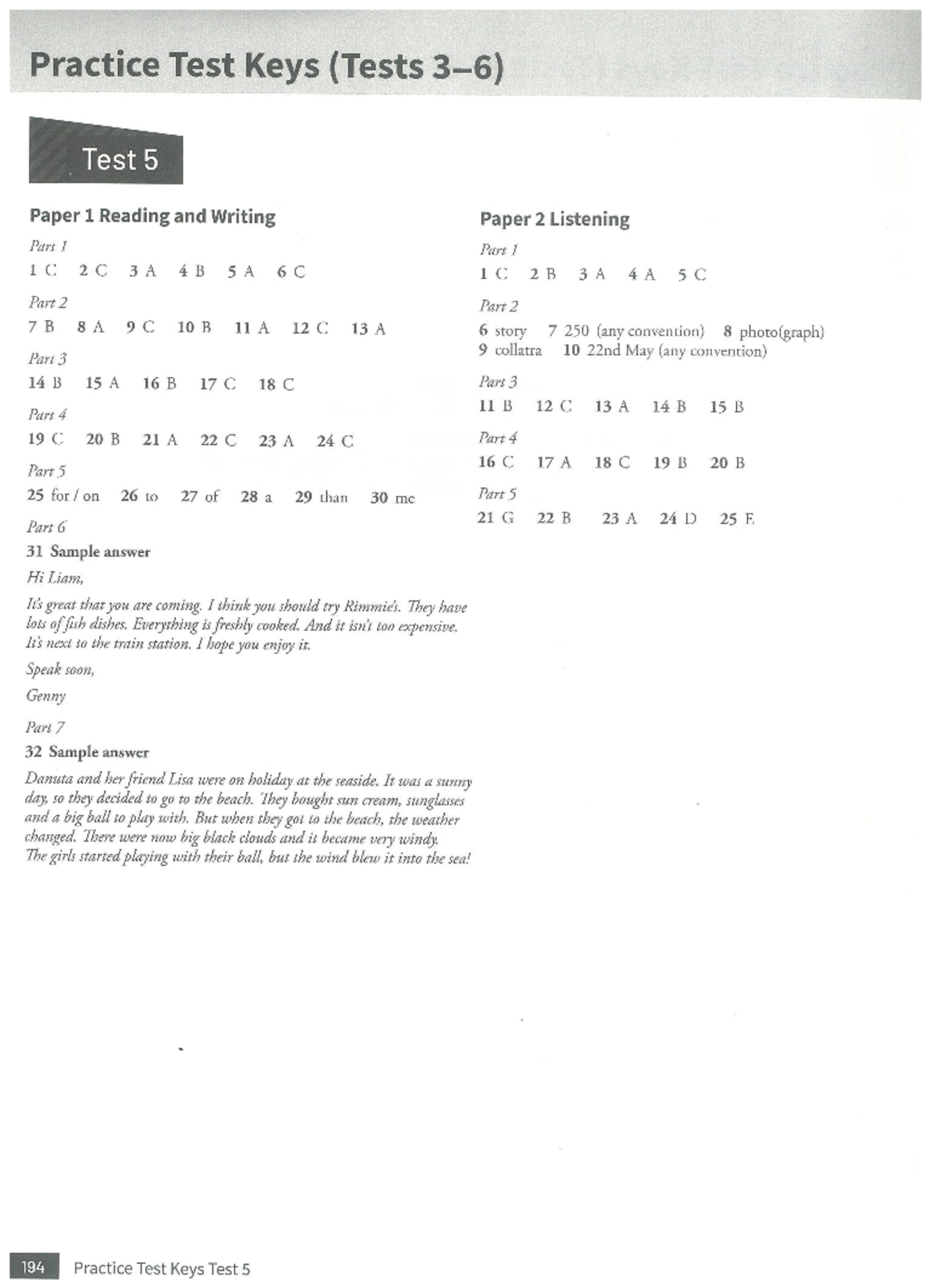 KET key for answers - Practice Test Keys (Tests Test 5 Paper 1 Reading ...