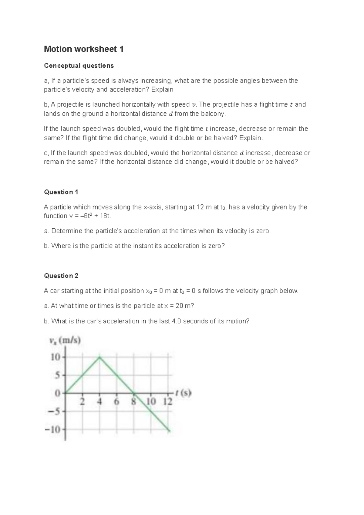 Motion Worksheet 1: Conceptual Questions on Velocity & Acceleration ...
