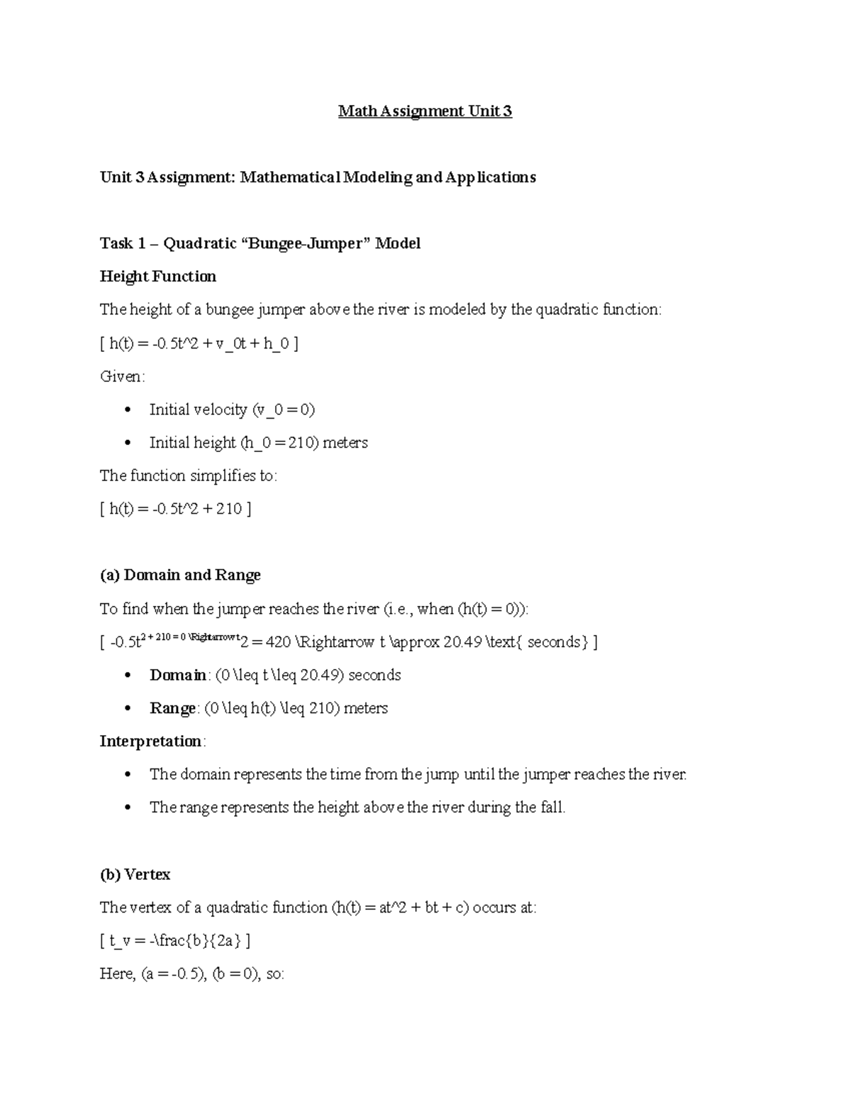 Math Assignment Unit 3: Quadratic Modeling & Applications - Studocu