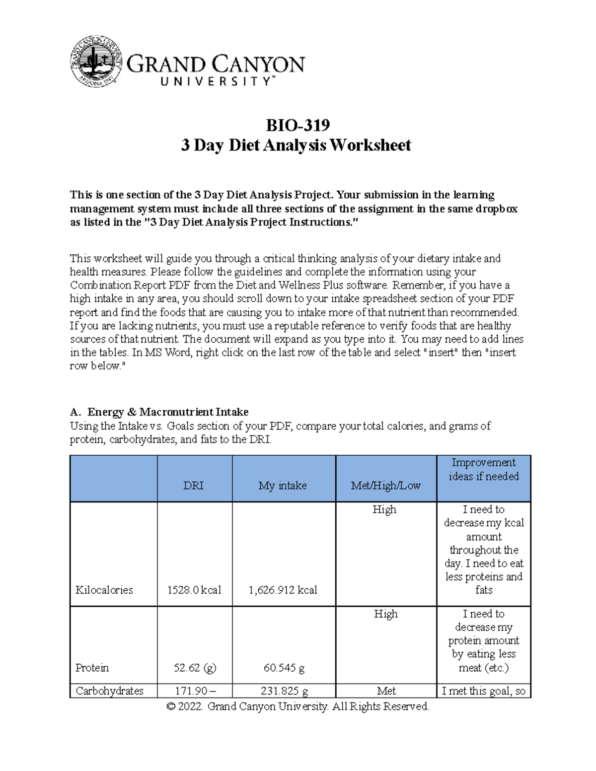 BIO 319 3-Day Diet Analysis Worksheet and Guidelines for Success - Studocu