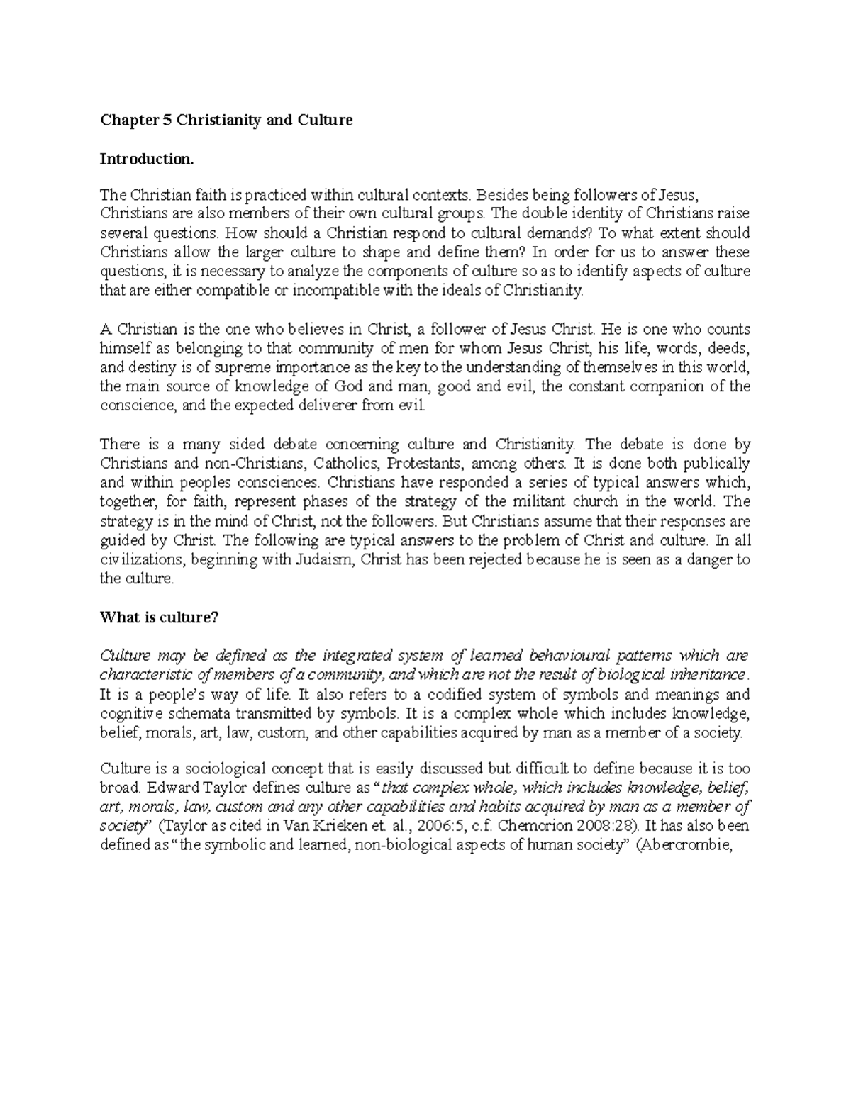 Lecture 8 Christianity and Culture Introduction - Chapter 5 ...