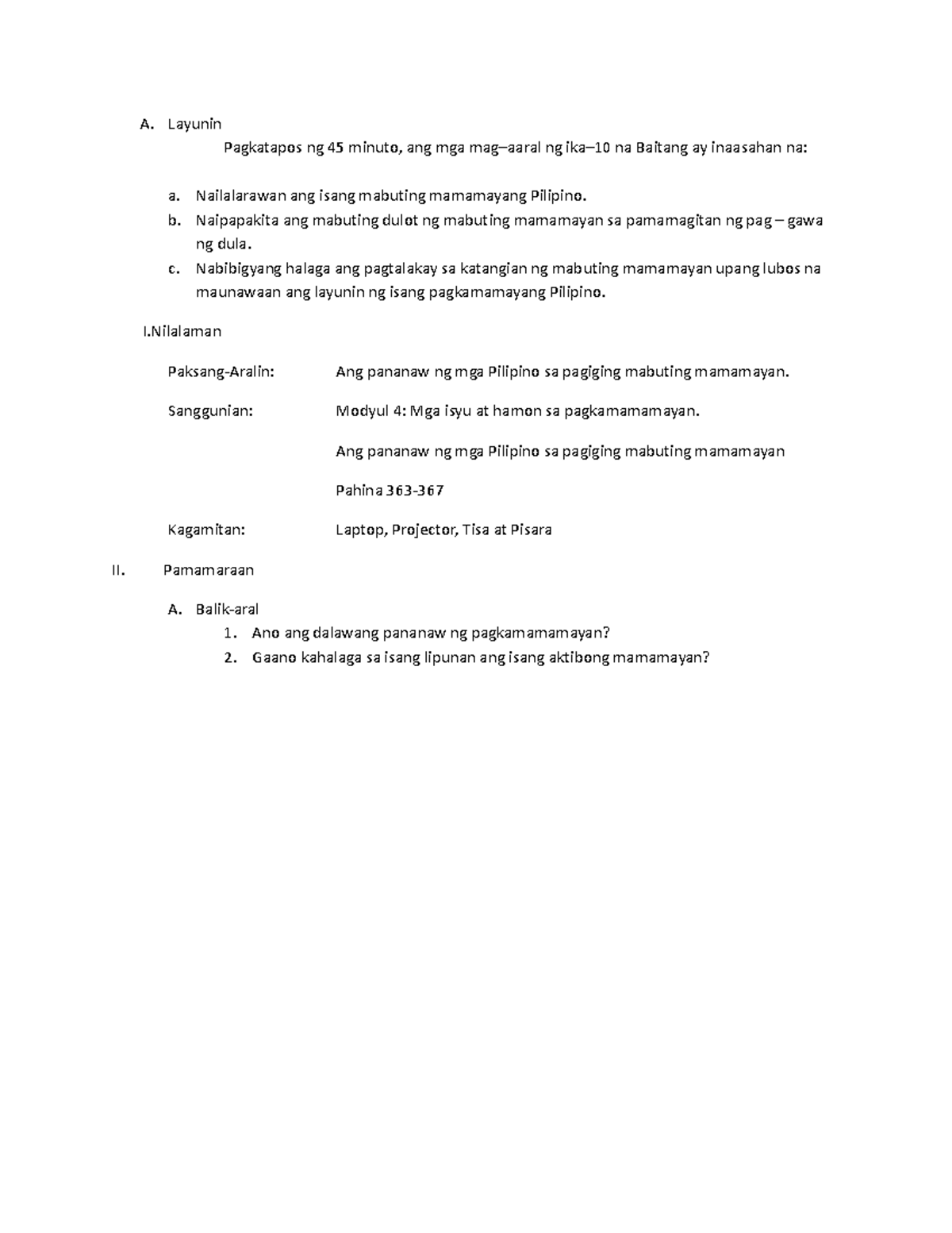 Mabuting Mamamayan - Sample Lesson Plan for Grade 10 Students - Studocu