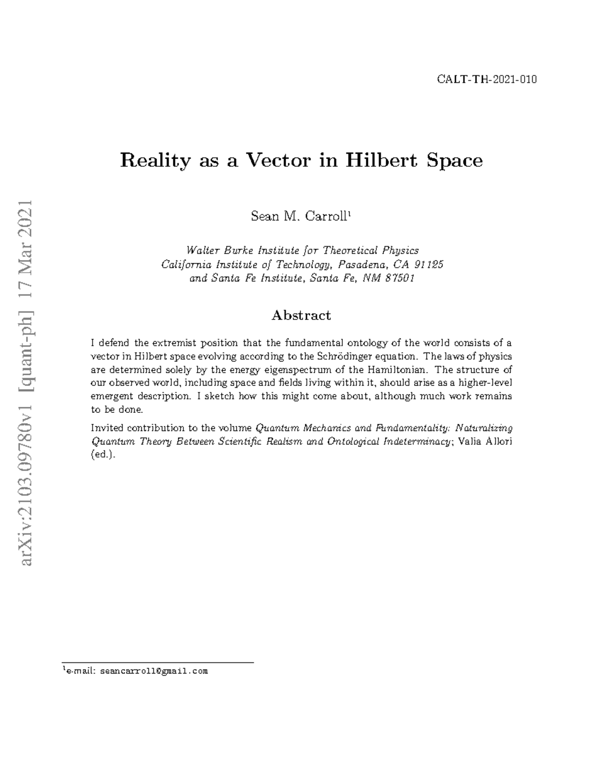 Reality as a Vector in Hilbert Space: A Quantum Perspective - Studocu