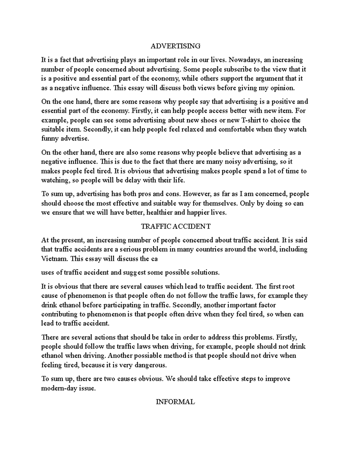 B1 Writing: Advertising, Traffic Accidents, and Informal Letters - Studocu