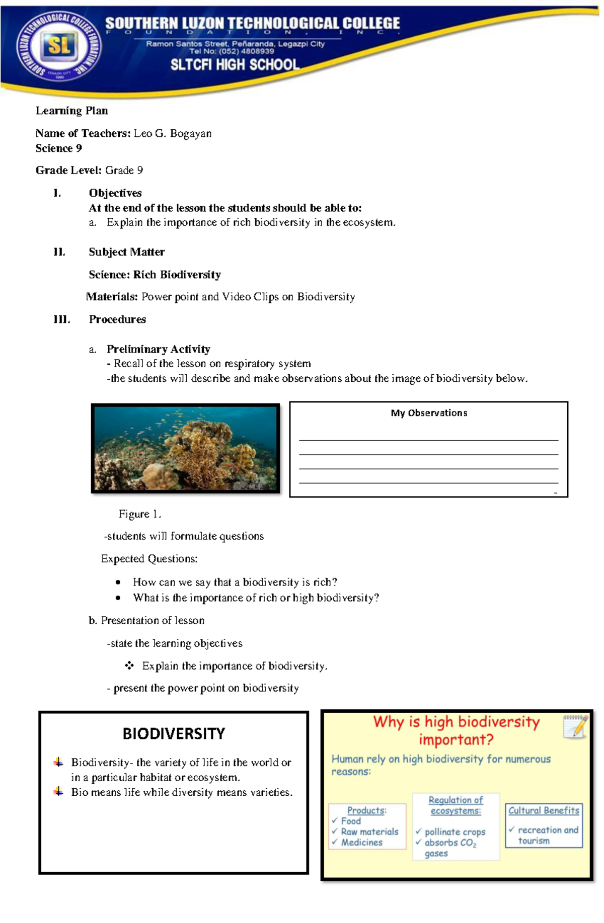 Learning Plan C2-Grade 9 Science - BIODIVERSITY Learning Plan Name of ...