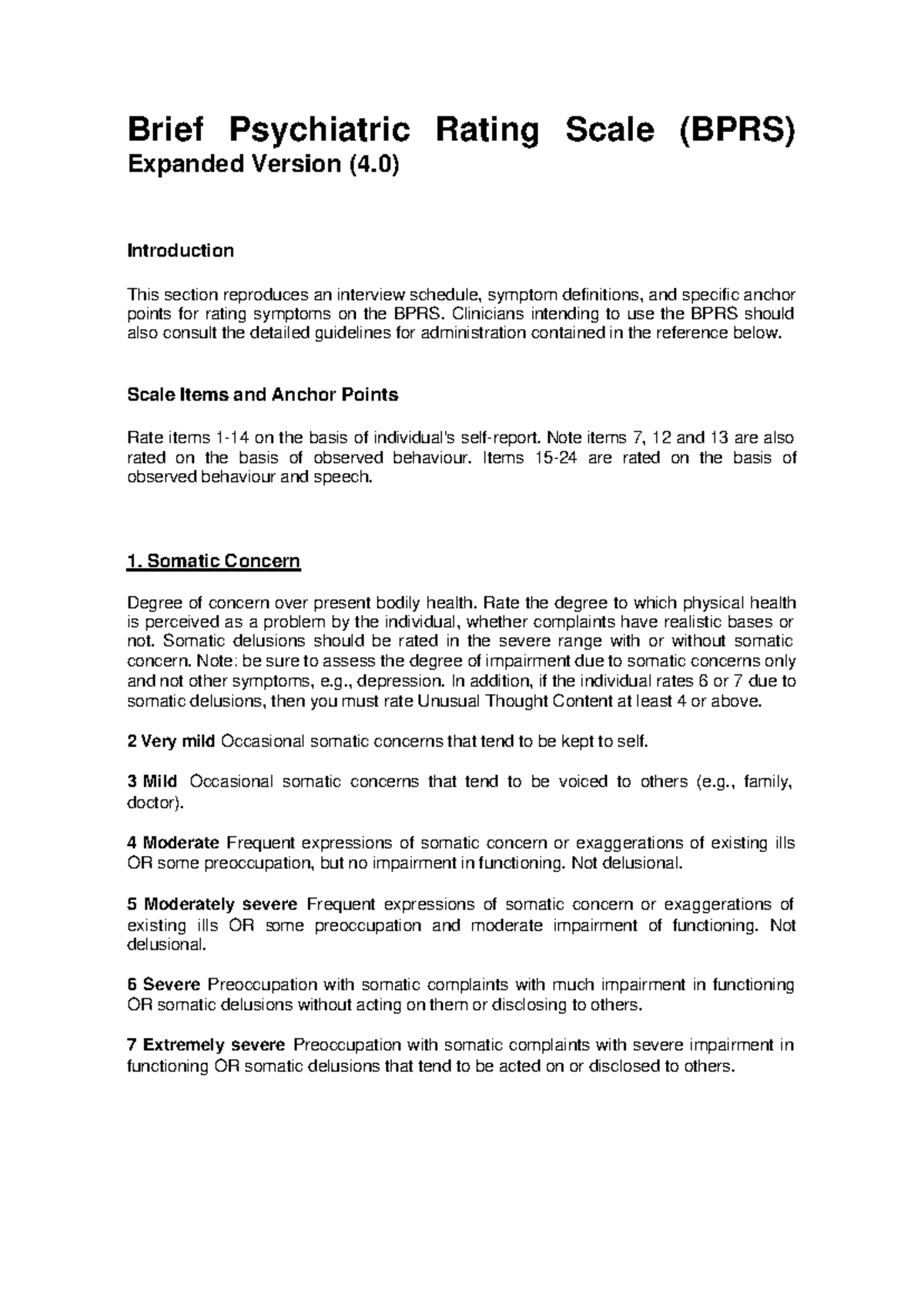 BPRS 4.0: Expanded Rating Scale Instructions and Guidelines - Studocu