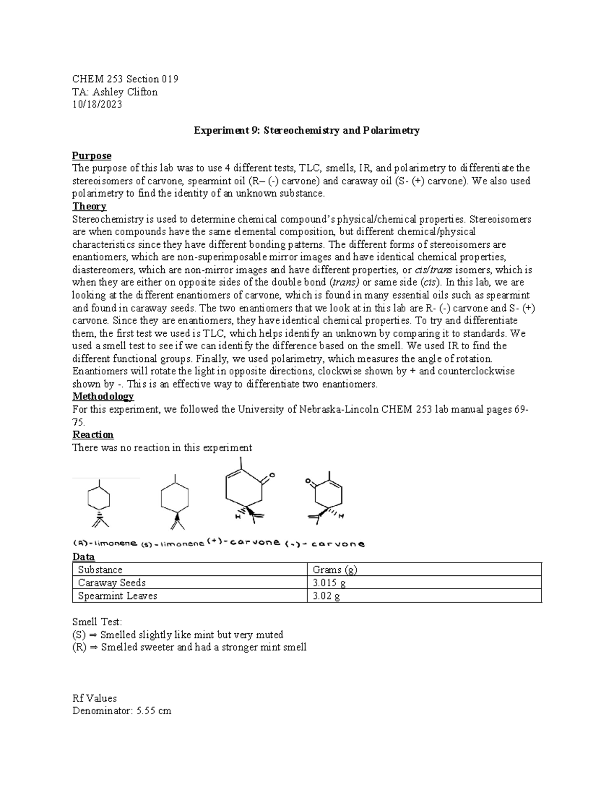 CHEM 253 Experiment 9: Stereochemistry & Polarimetry Lab Analysis - Studocu