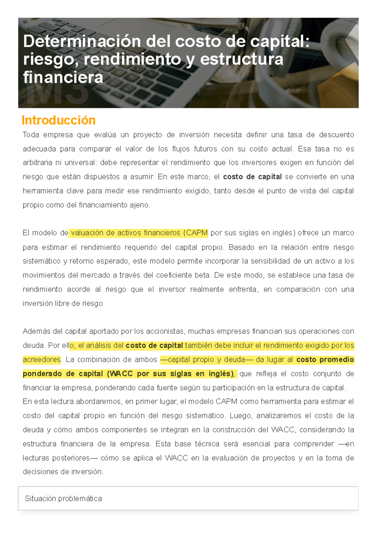 M3L3 - Costo de Capital: CAPM y WACC en Finanzas Corporativas - Studocu