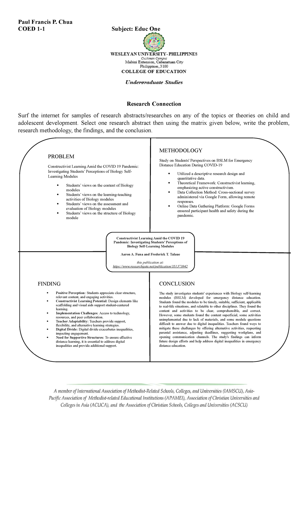 Research CHUA - Nhhhbb - Paul Francis P. Chua COED 1-1 Subject: Educ ...