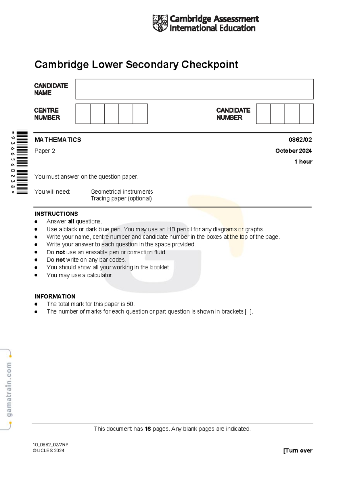Cambridge Lower Secondary Checkpoint Mathematics Paper 2 - Oct 2024 ...