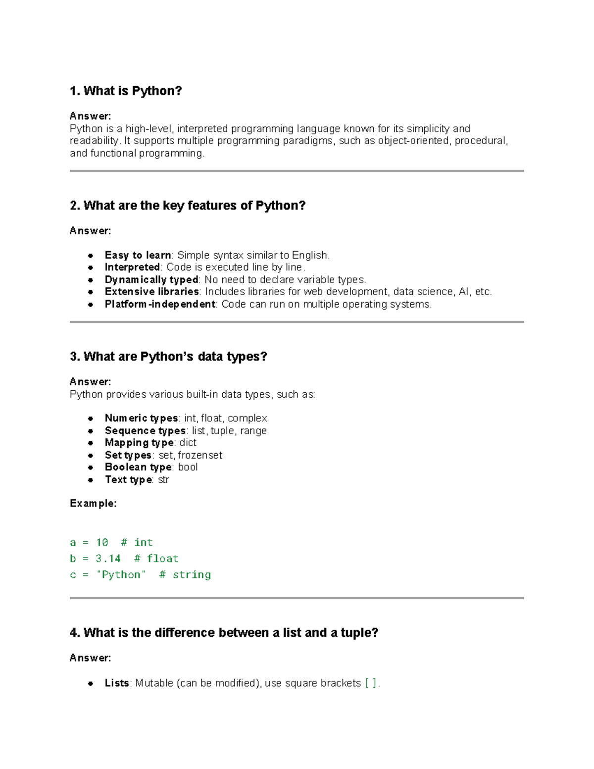 Python,Java,C Interview questions - 1. What is Python? Answer: Python is a high-level ...