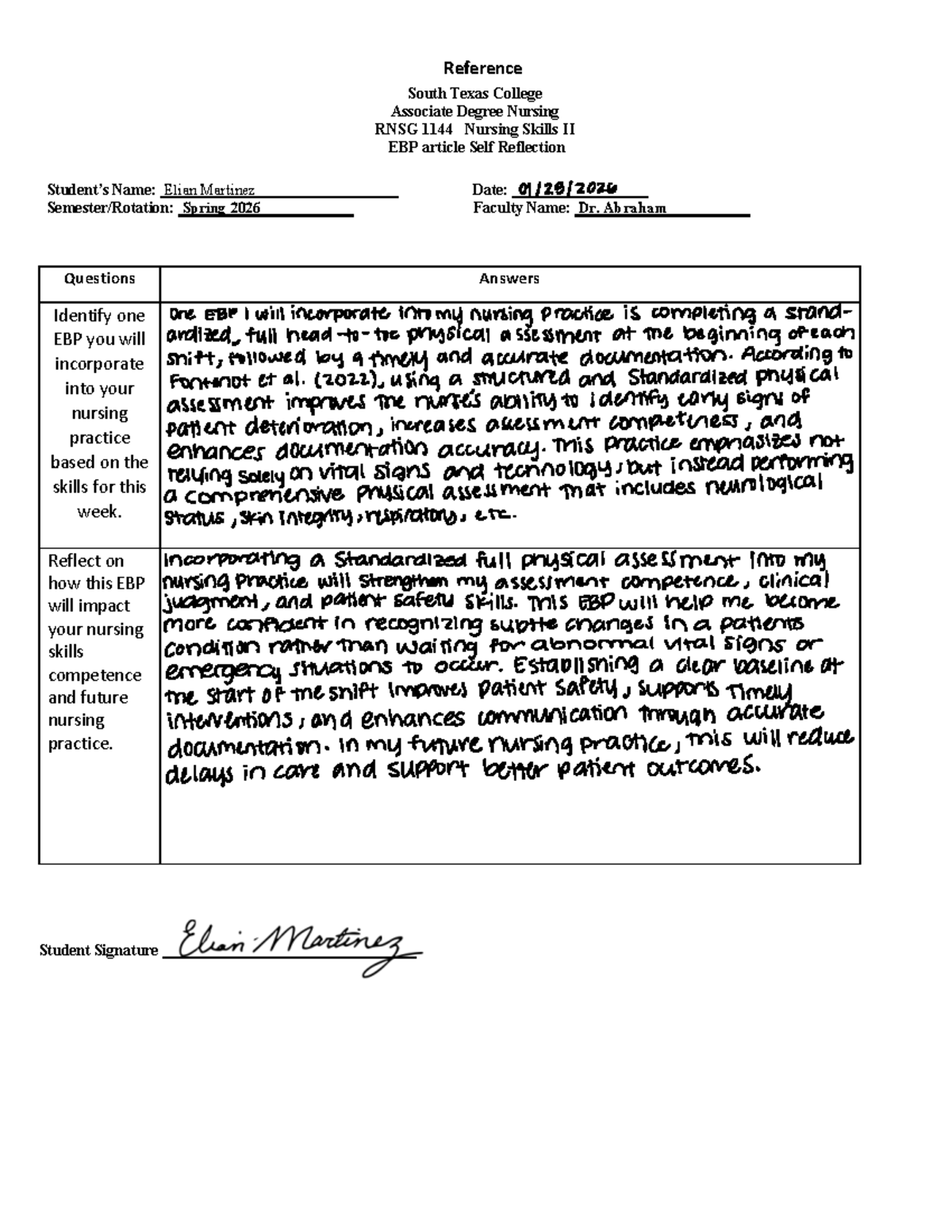 Nursing Skills EBP Self Reflection for RNSG 1144: Enhancing Assessment ...