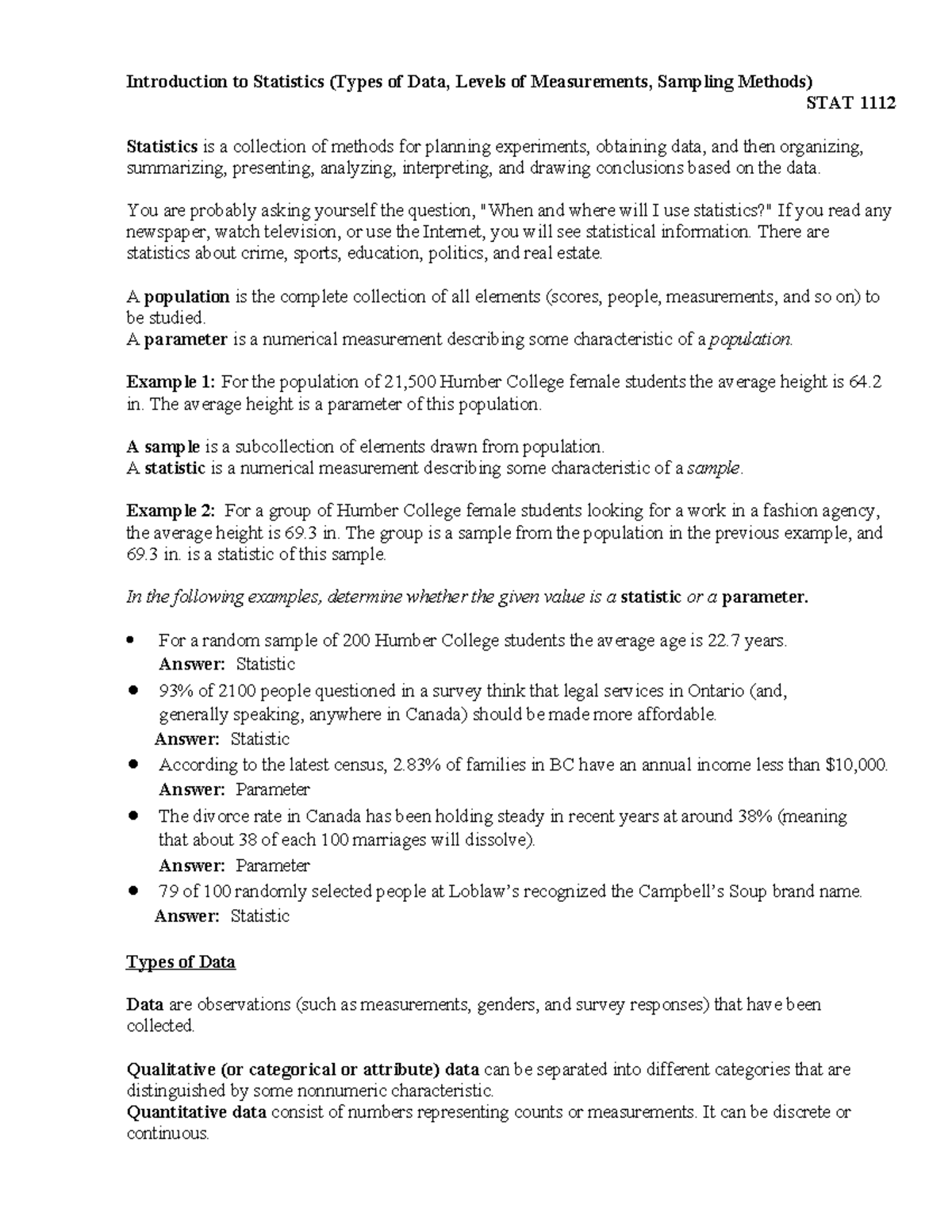 Lesson 1. Introduction to Statistics (Types of Data, Levels of ...