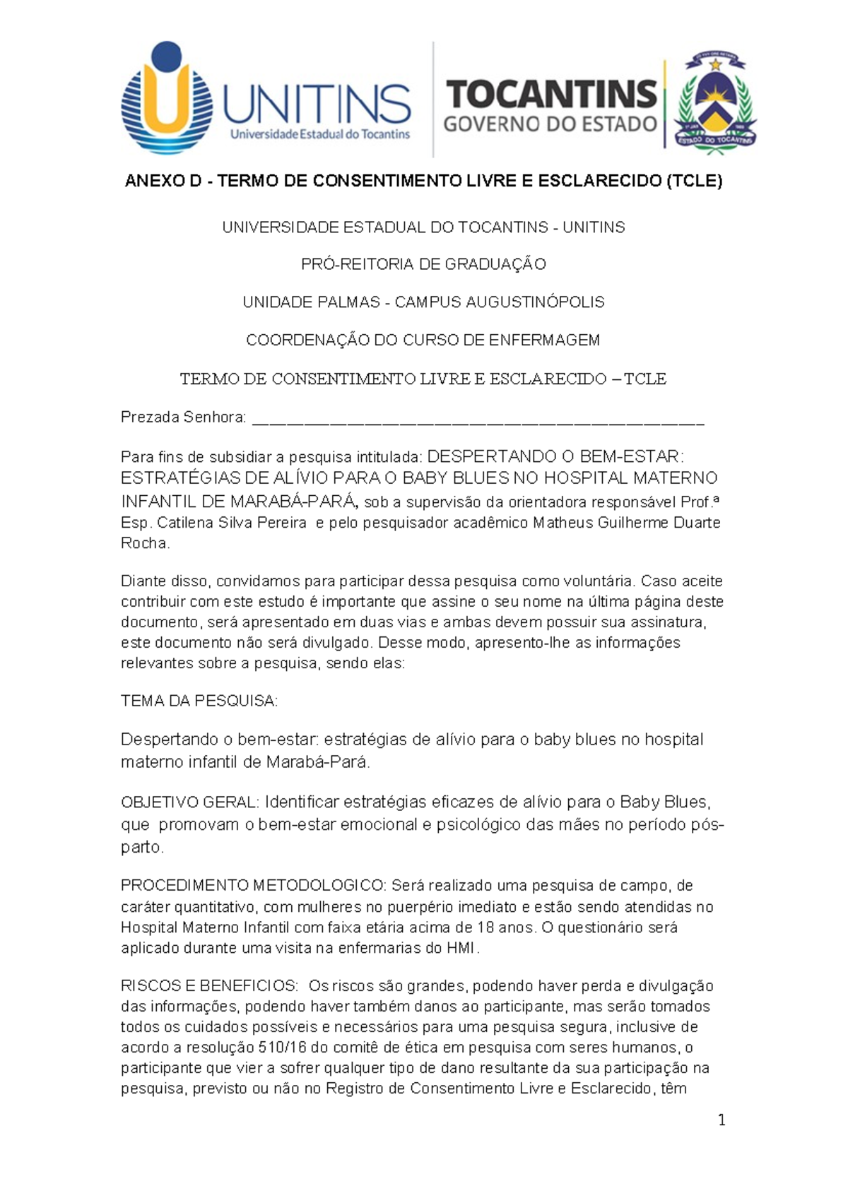Termo de Consentimento Livre e Esclarecido - TCLE para Pesquisa em ...