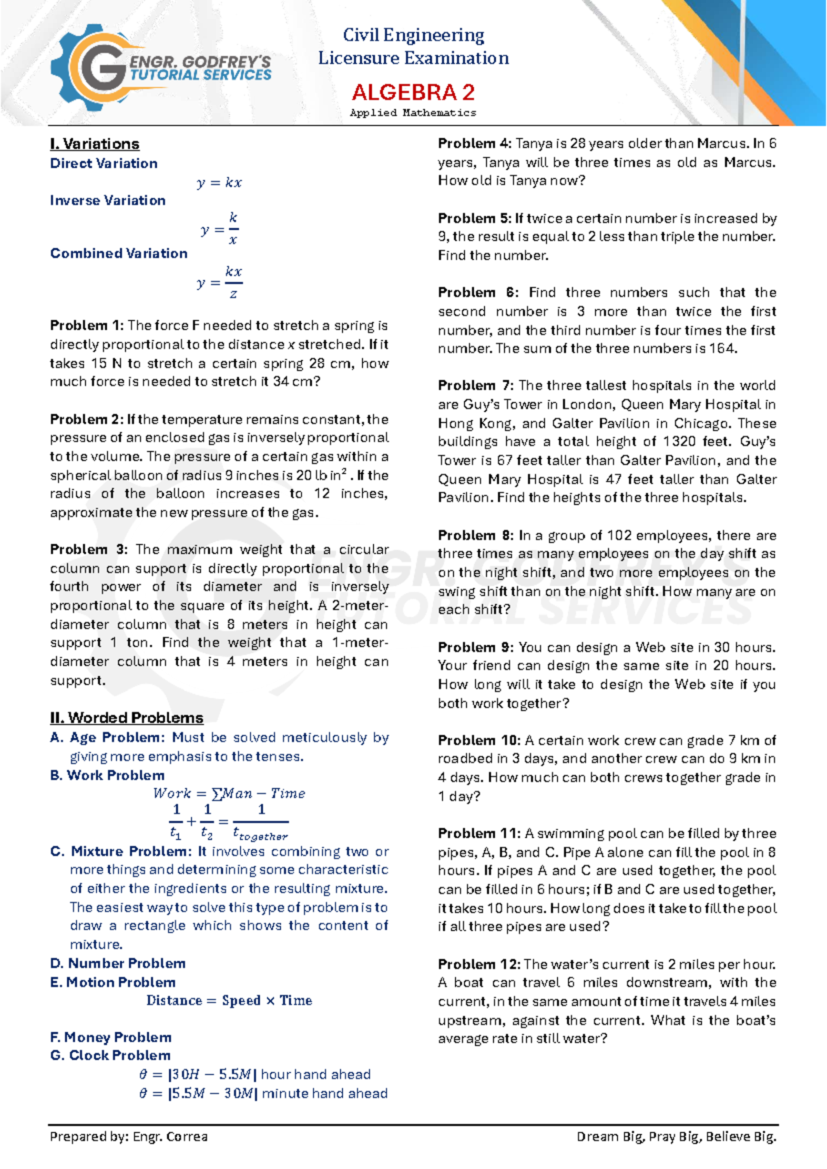 Civil Engineering Licensure Exam: Algebra 2 Variations & Word Problems ...