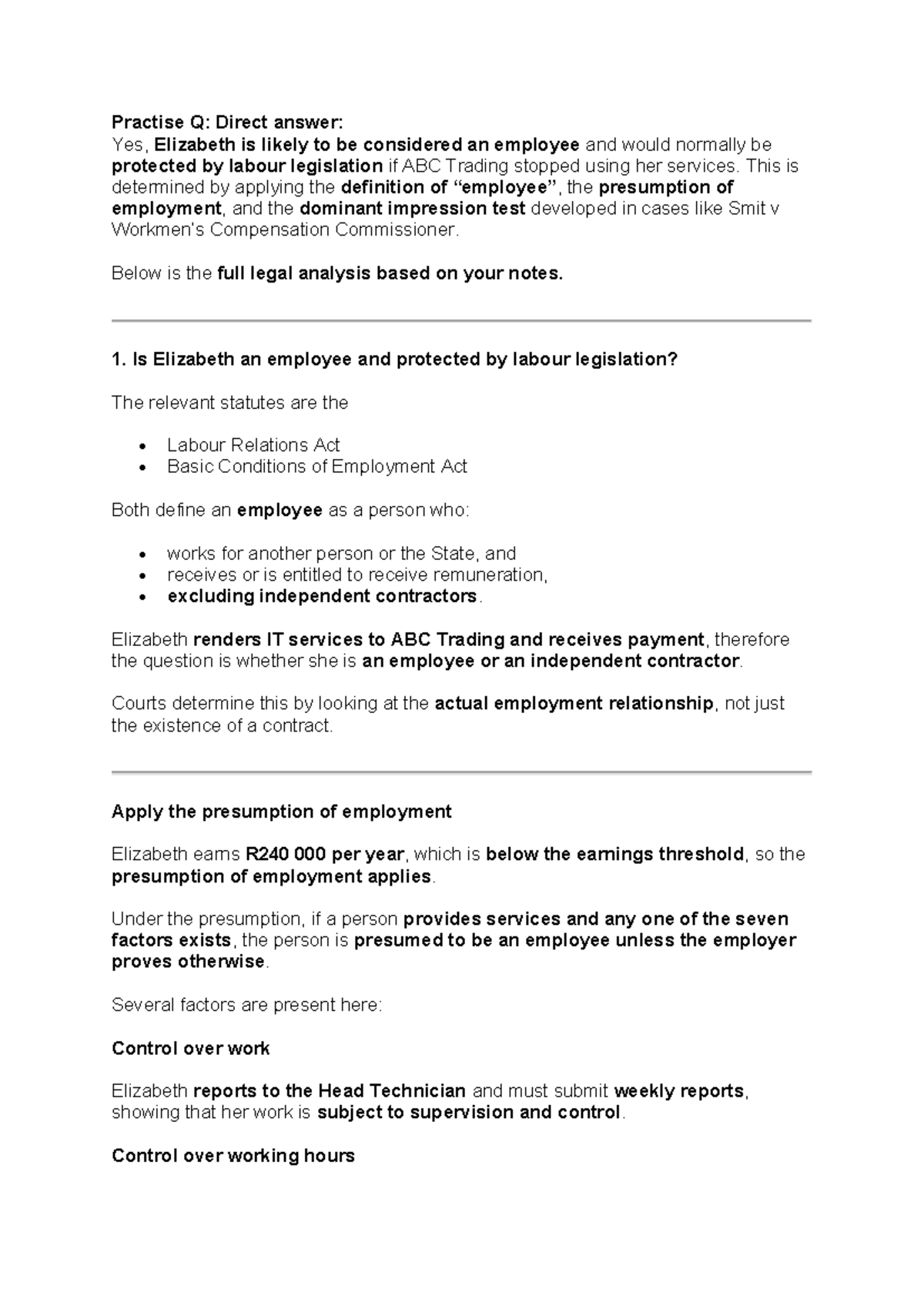 Model Answers for Unit 3: Employment Law Analysis and Case Studies ...