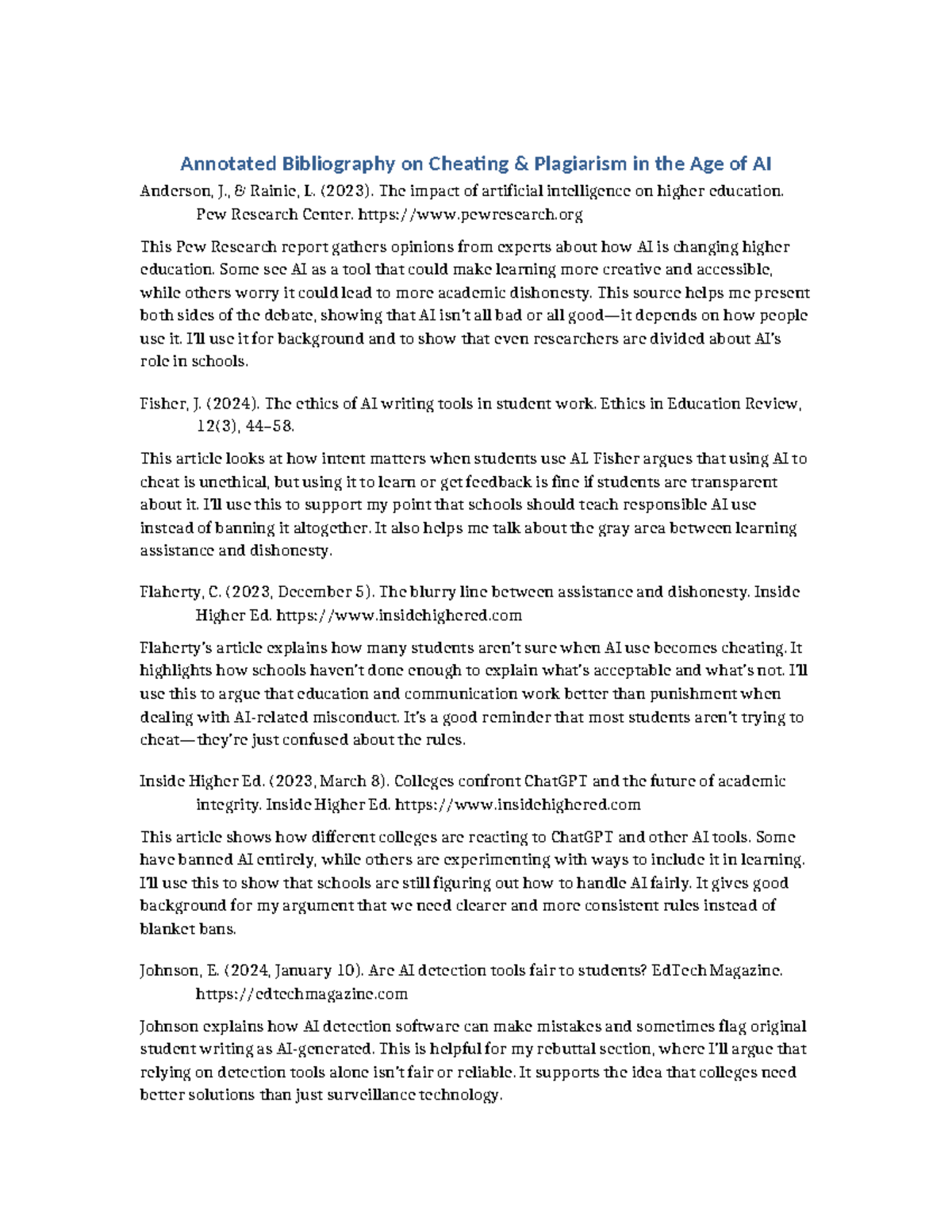 Annotated Bibliography: Cheating & AI in Higher Ed (Final Draft) - Studocu