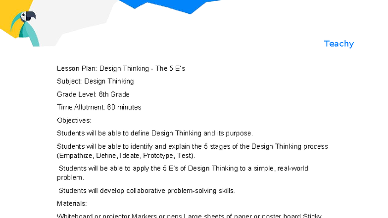 Teachy Lesson Plan: Design Thinking for 6th Grade Students - Studocu