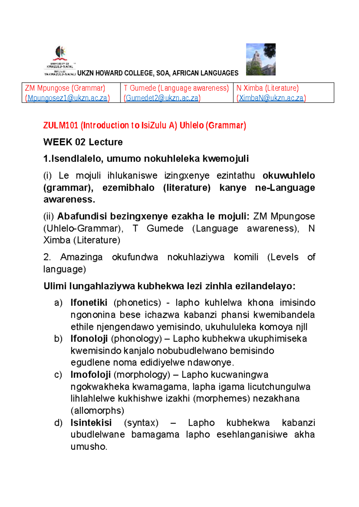 ZULM101 Week 02 Lecture: Uhlelo (Grammar) Overview and Analysis - Studocu