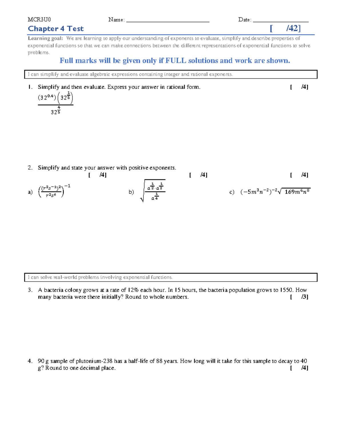 MCR3U Chapter 4 Test: Exponents & Exponential Functions Solutions - Studocu