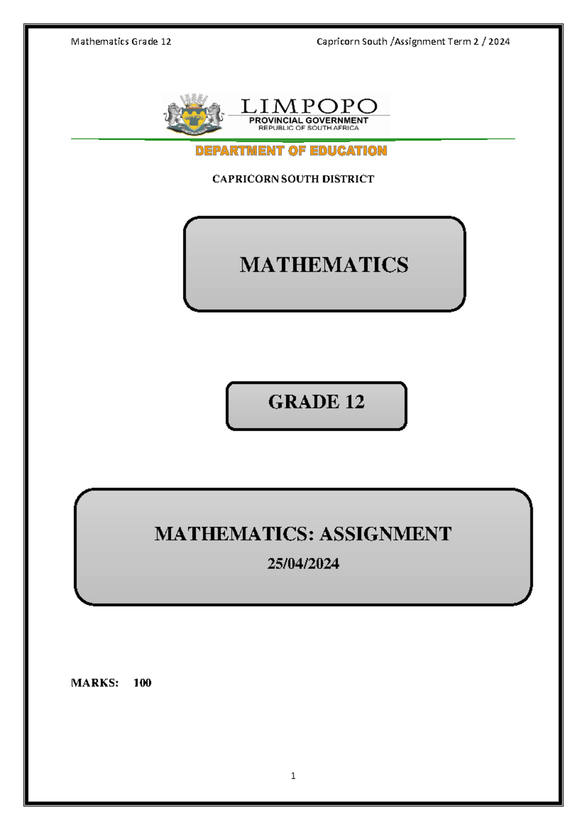Grade 12 Mathematics Assignment - Capricorn South District 2024 - Studocu