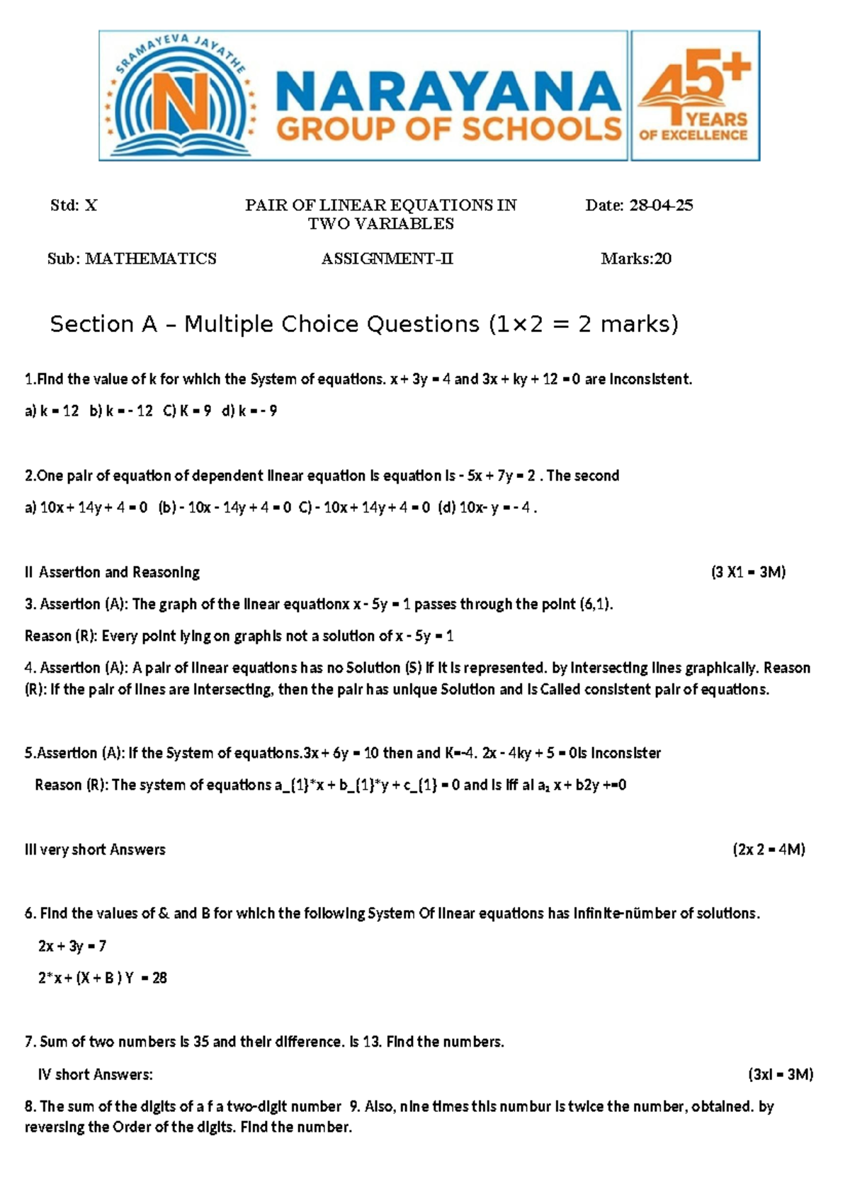 Mathematics Assignment II: Linear Equations in Two Variables (Std: X ...