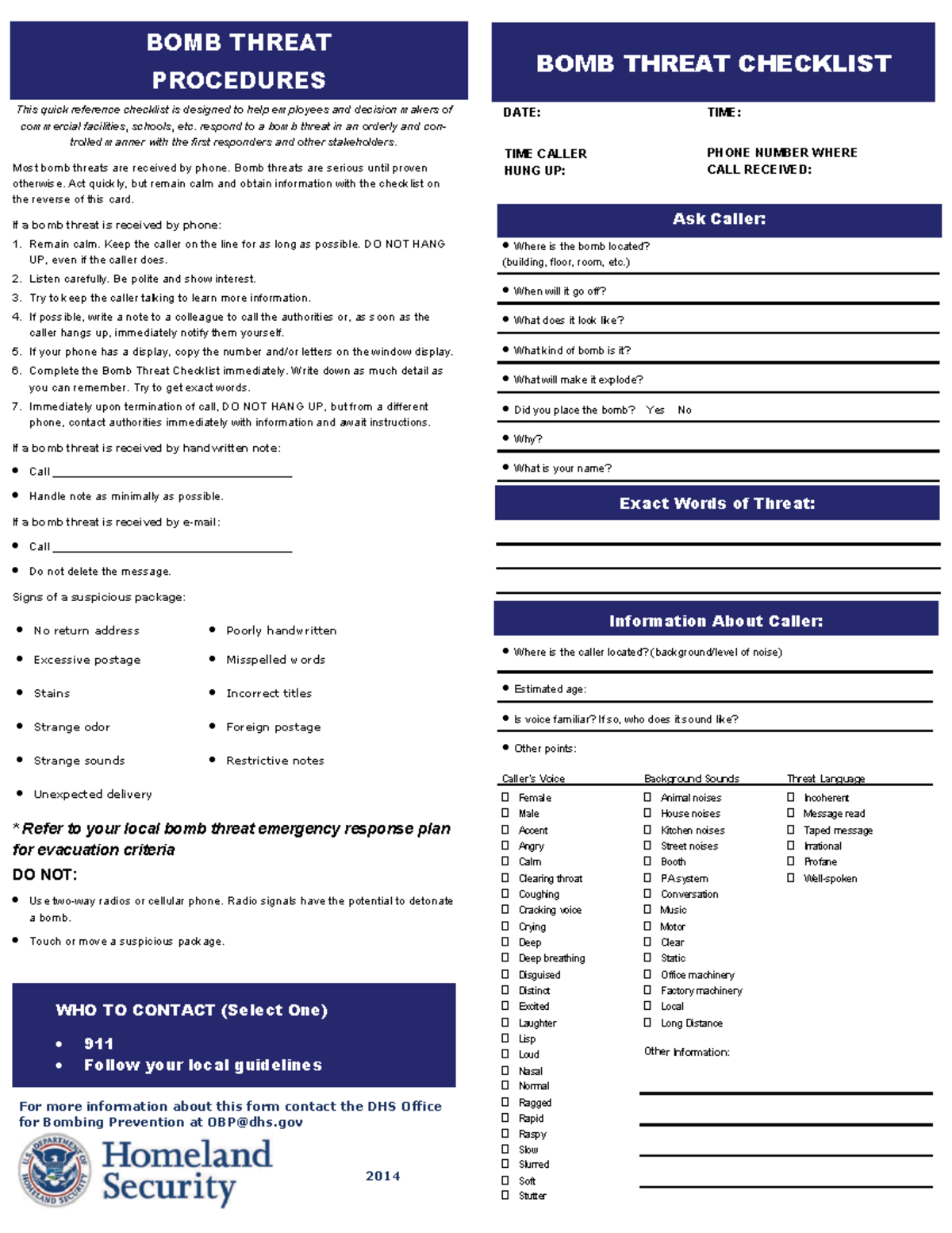 Bomb Threat Procedures - BOMB THREAT PROCEDURES This quick reference ...