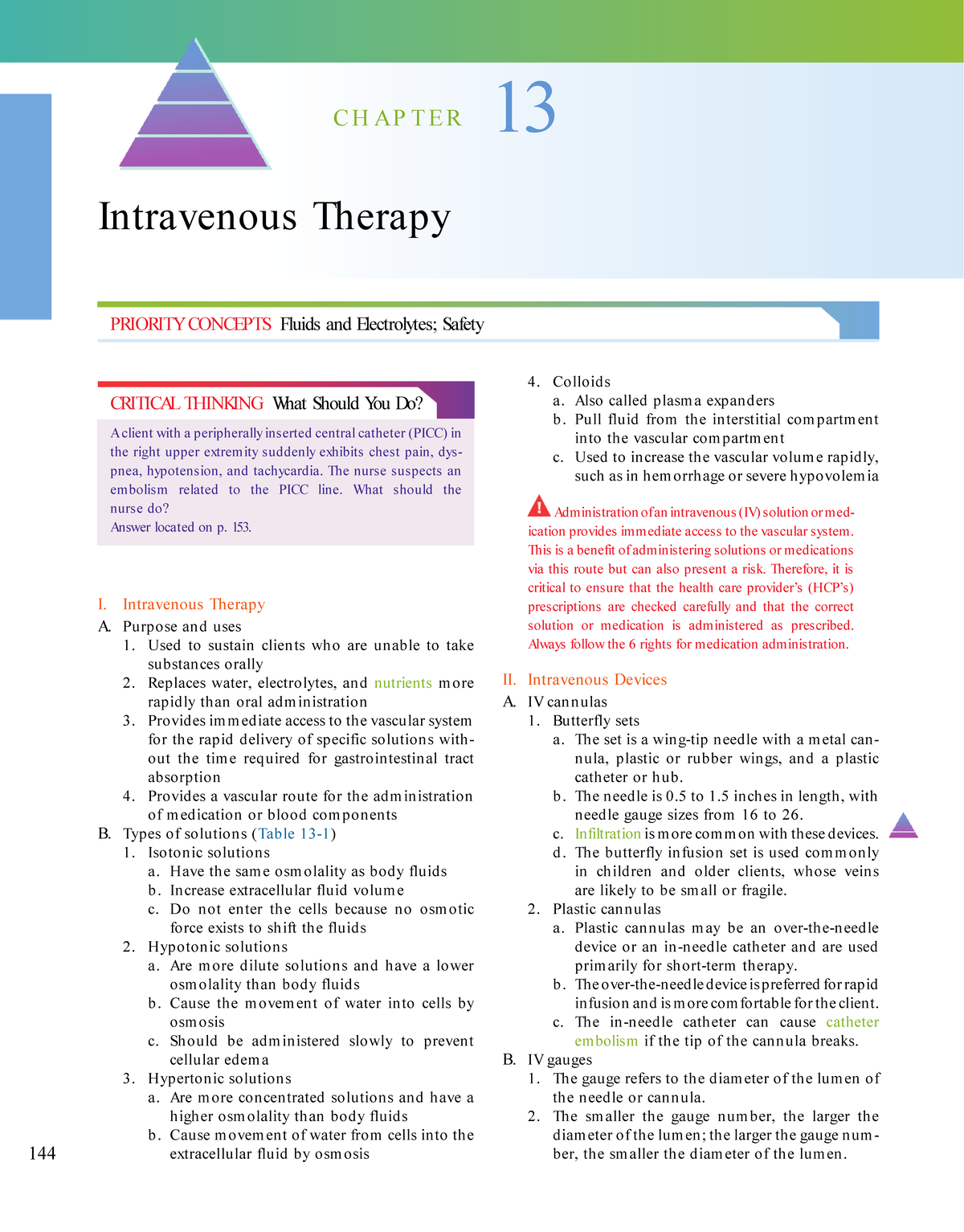 Saunders Intravenous Therapy RN Nclex - C H A P T E R 13 Intravenous Therapy PRIORITY CONCEPTS ...
