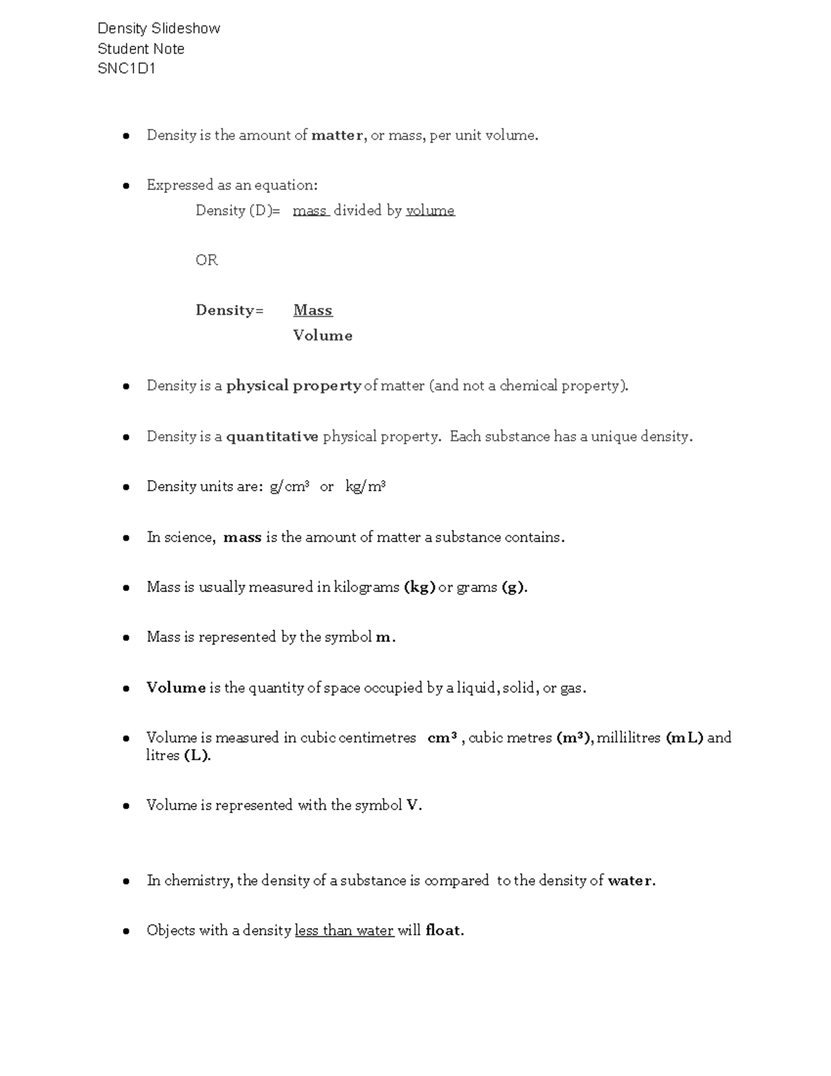 Grade 9 Science SNC1D: Density Overview and Key Concepts - Studocu