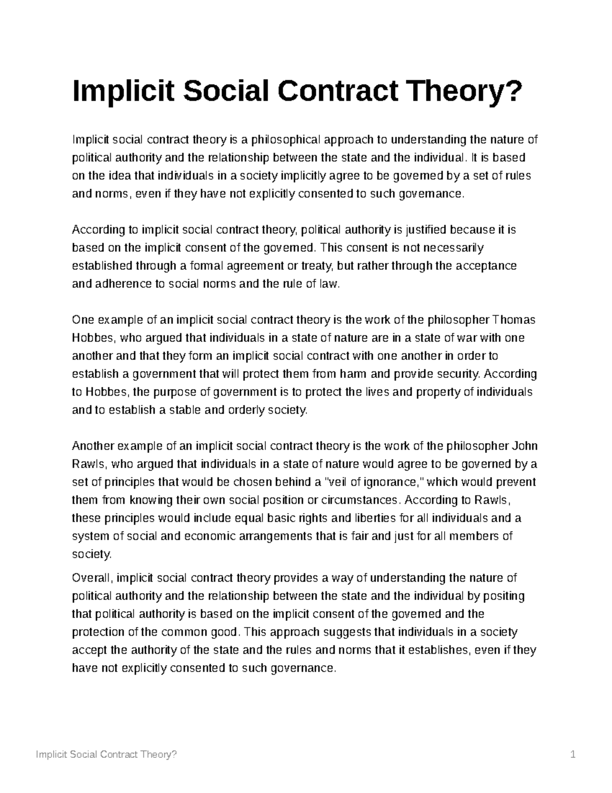 PHIL 101: Implicit Social Contract Theory Explained and Analyzed - Studocu