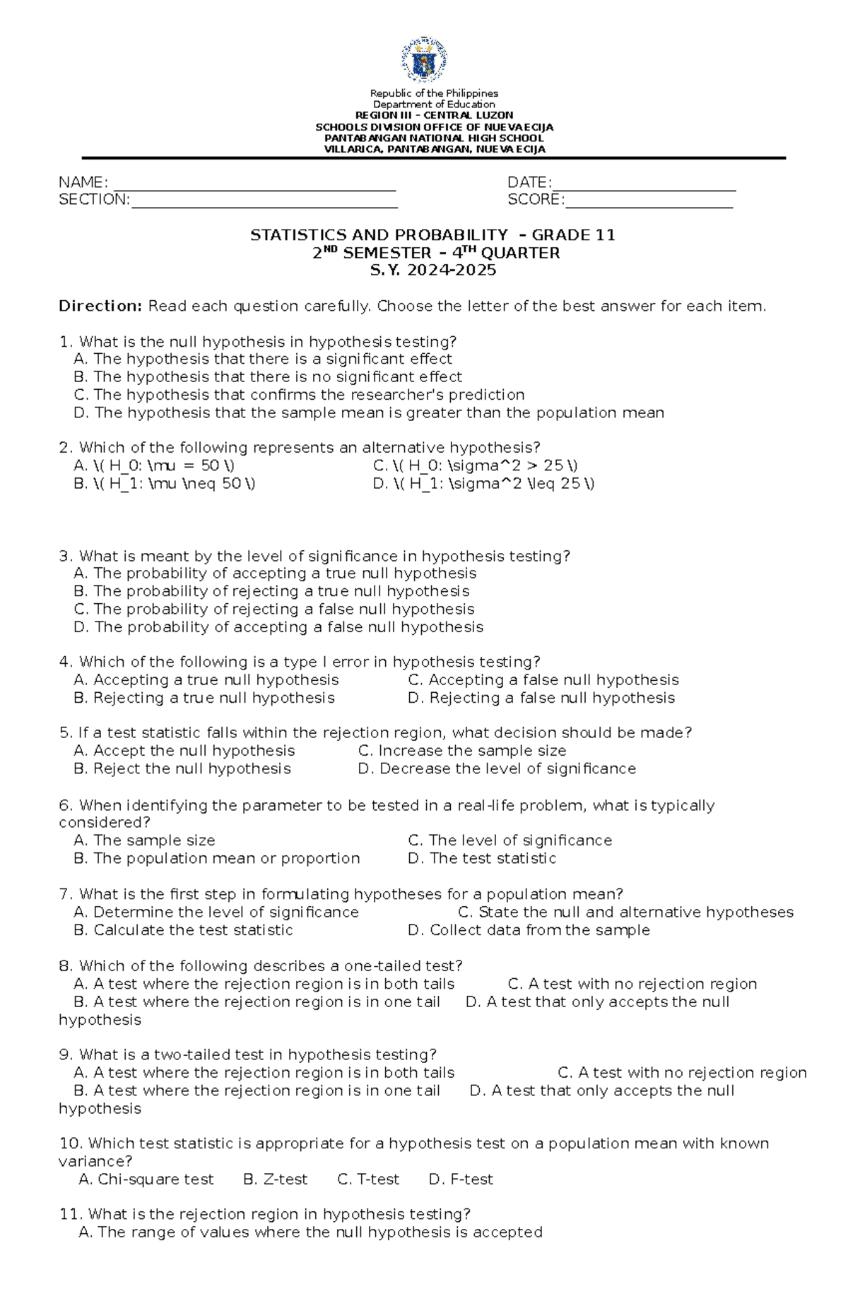 Statistics and Probability Grade 11 4th Quarter Exam Review - Studocu