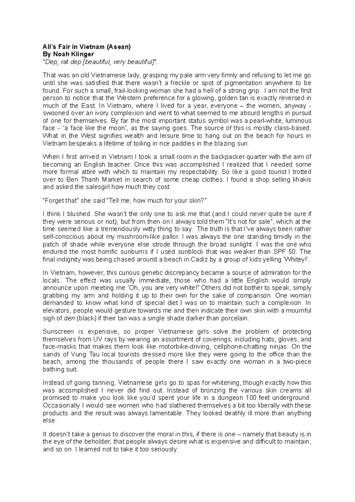 Integrated Language Skills II: Summary of "All is Fair in Vietnam ...