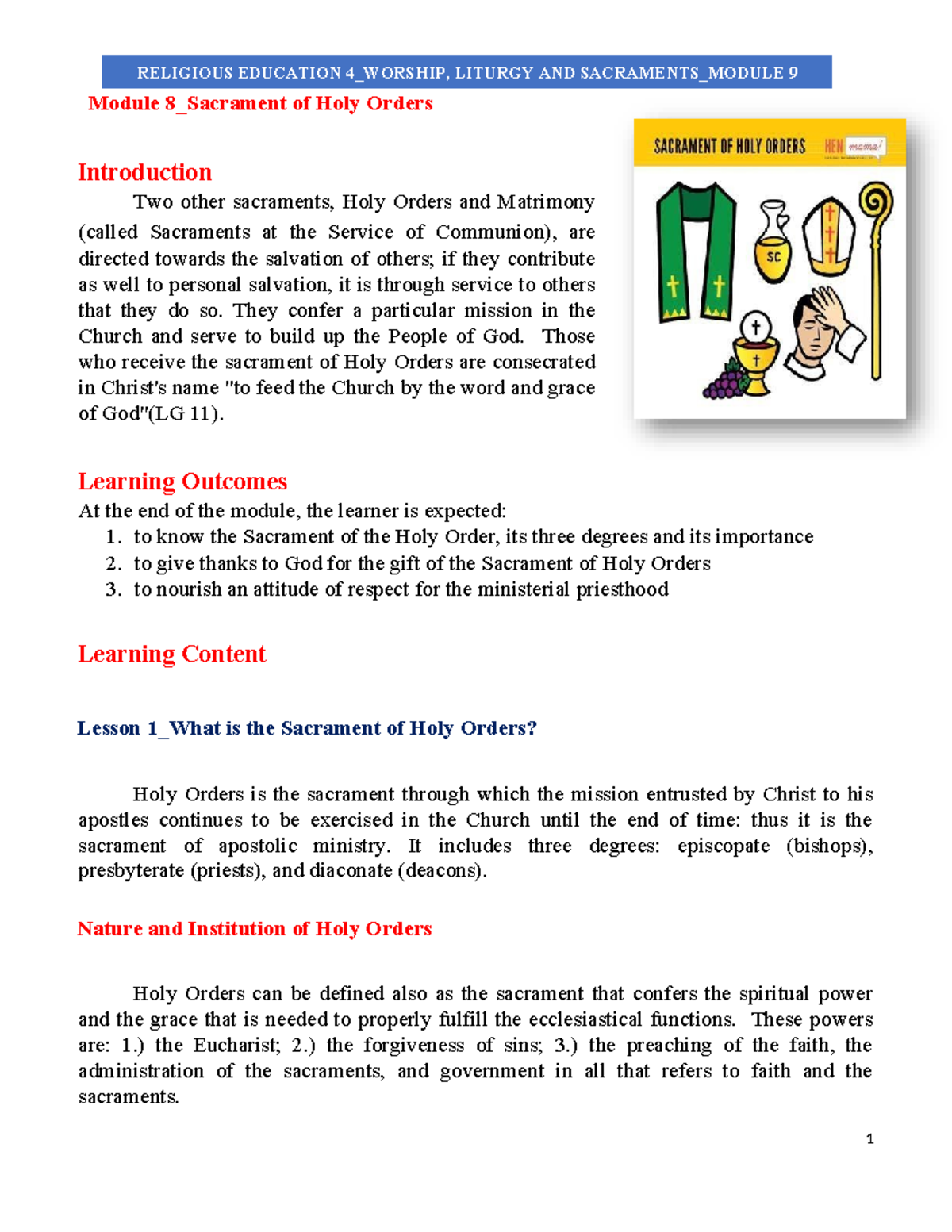 Module 8: The Sacrament of Holy Orders - An In-Depth Study - Studocu
