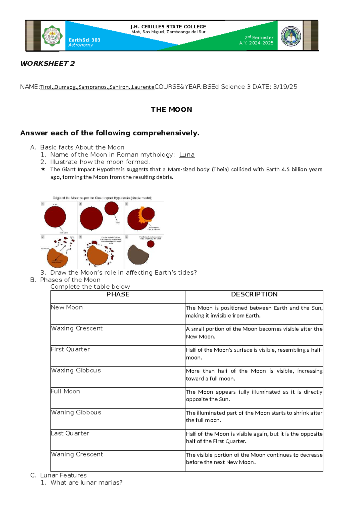 EarthSci 303 Astronomy Worksheet 2: The Moon and Its Phases - Studocu