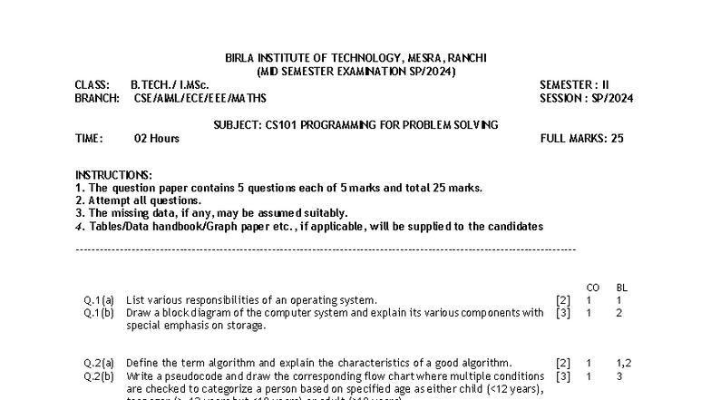 CS101 Mid Semester Exam: Programming for Problem Solving - Studocu