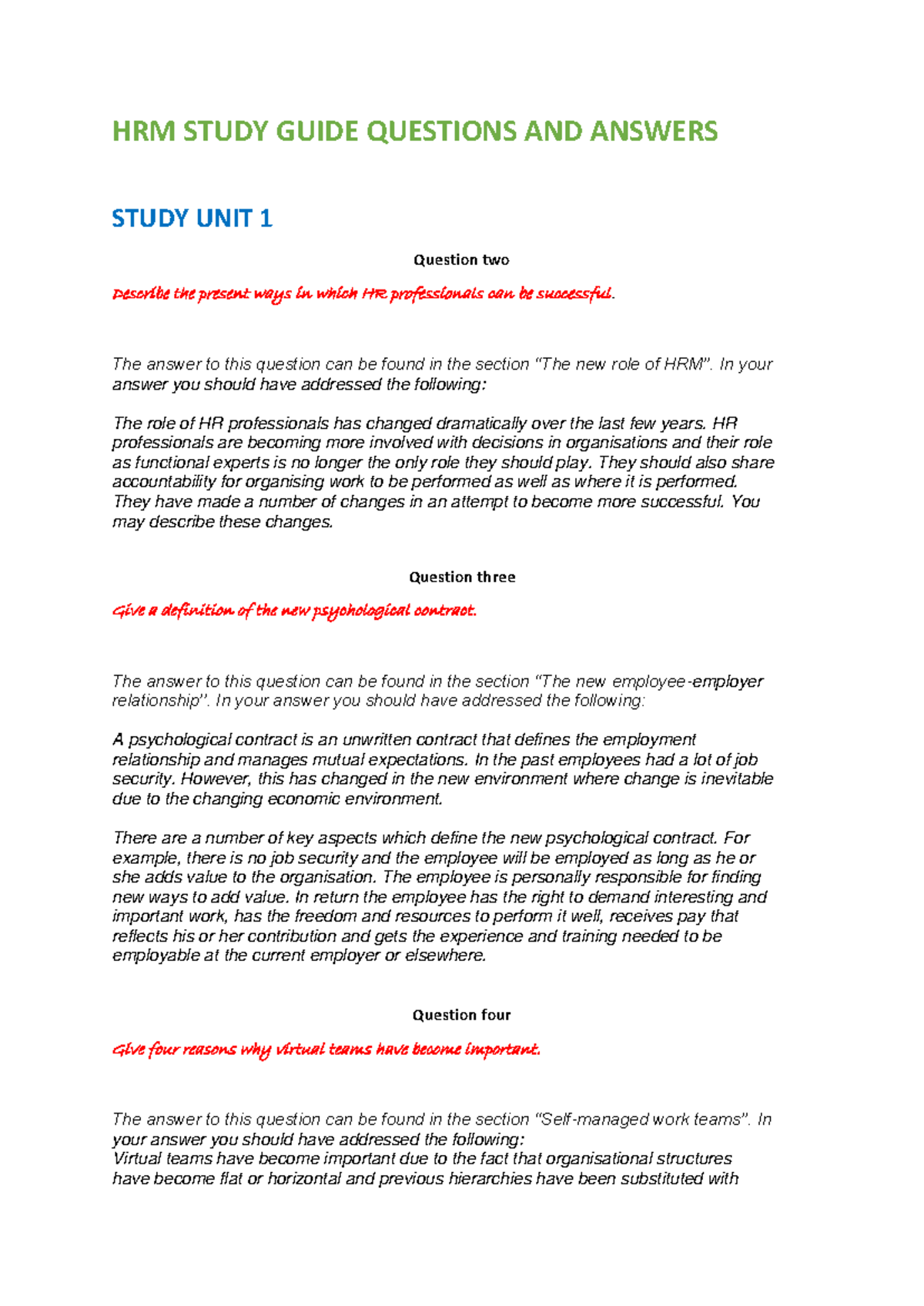 HRM 101 Study Guide: Key Questions and Comprehensive Answers - Studocu