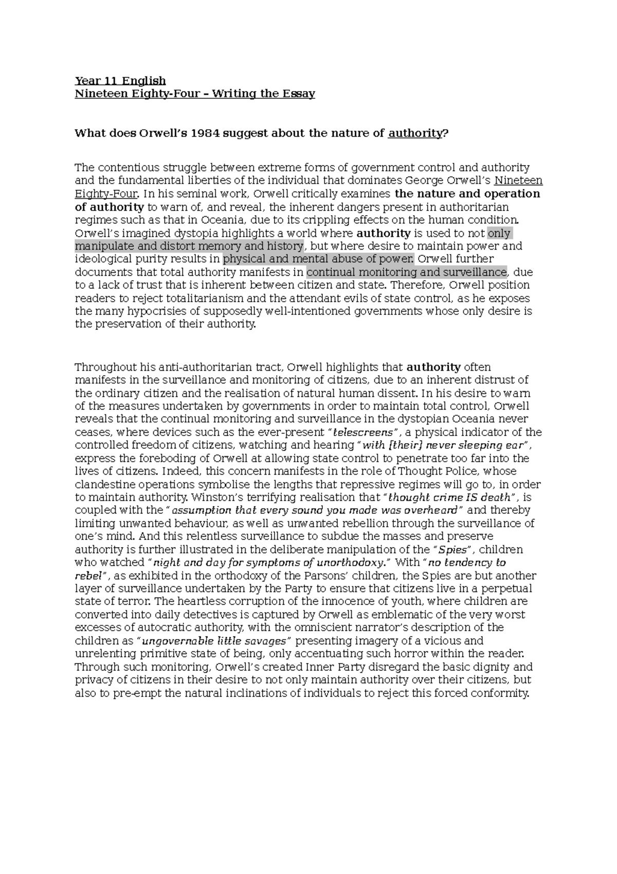 Essay Notes - 1984 (Year 11 English) on Authority & Control - Studocu