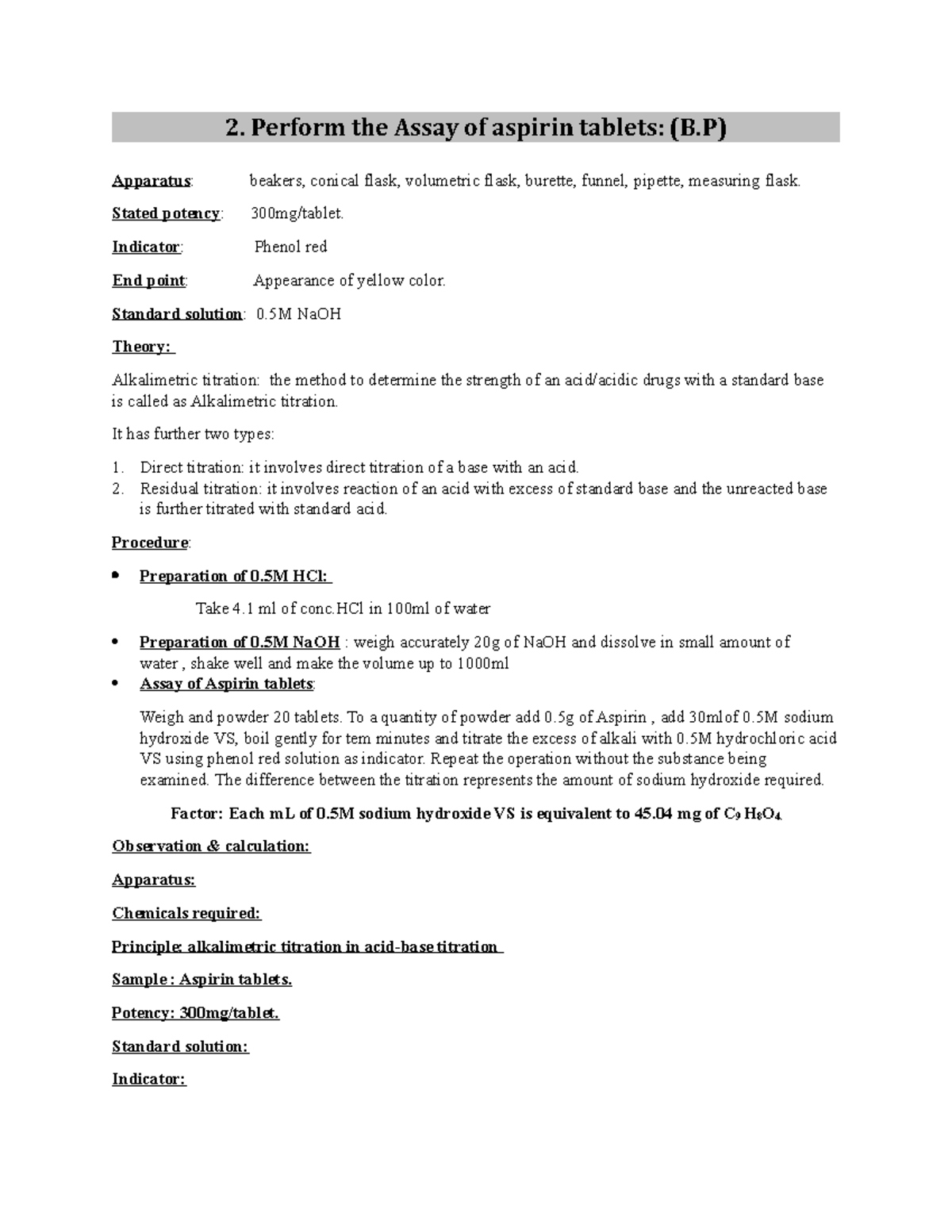 QC Experiment 2 - PWDT: Assaying Aspirin Tablets via Alkalimetric ...