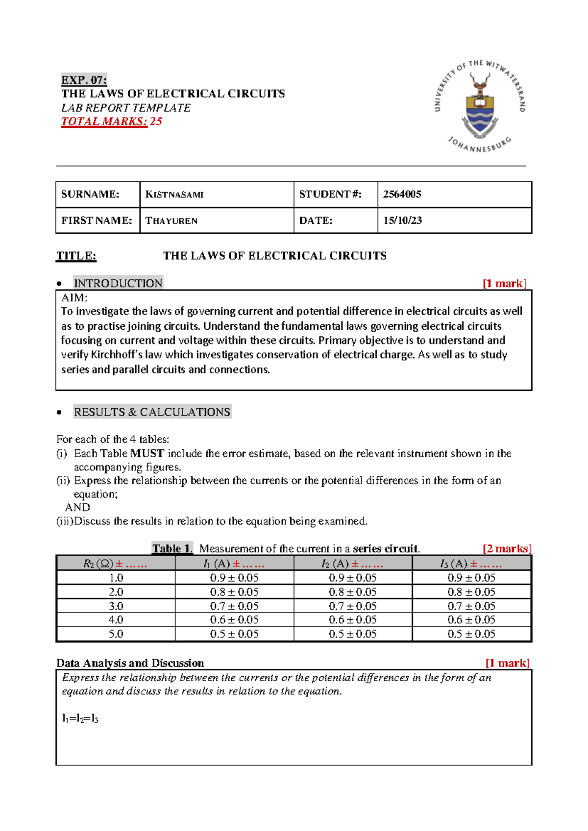Exp07 - Electrical Circuits Lab Report - Student 2564005 - Studocu