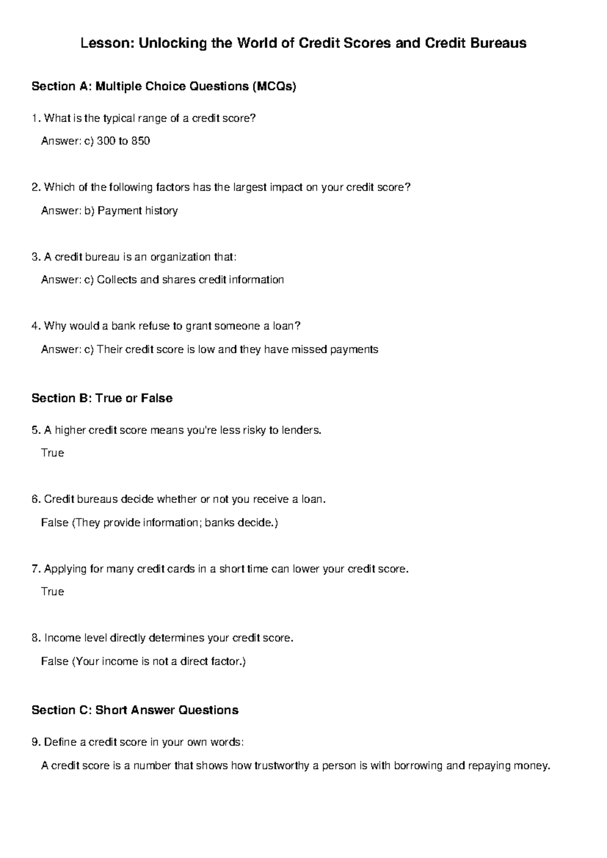 Credit Score Lesson QA Final: MCQs & True/False Insights - Studocu
