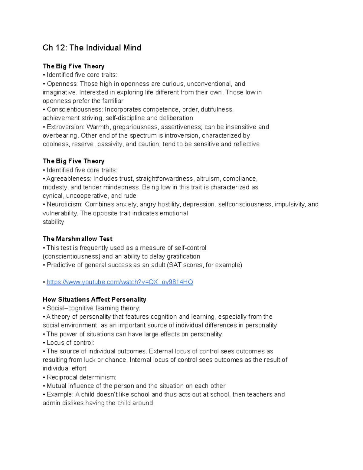 Ch 12: Psychology Part 2 of 3 - Ch 12: The Individual Mind The Big Five ...